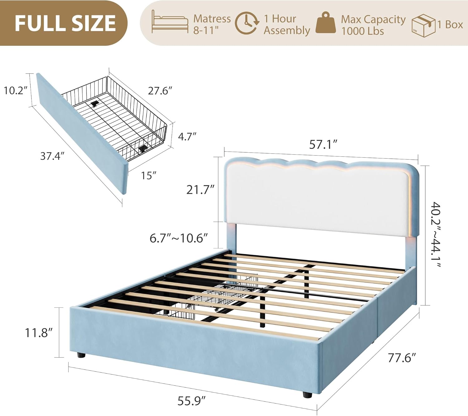 IdealHouse Full Velvet LED Bed Frame with Storage Upholstered Princess ...