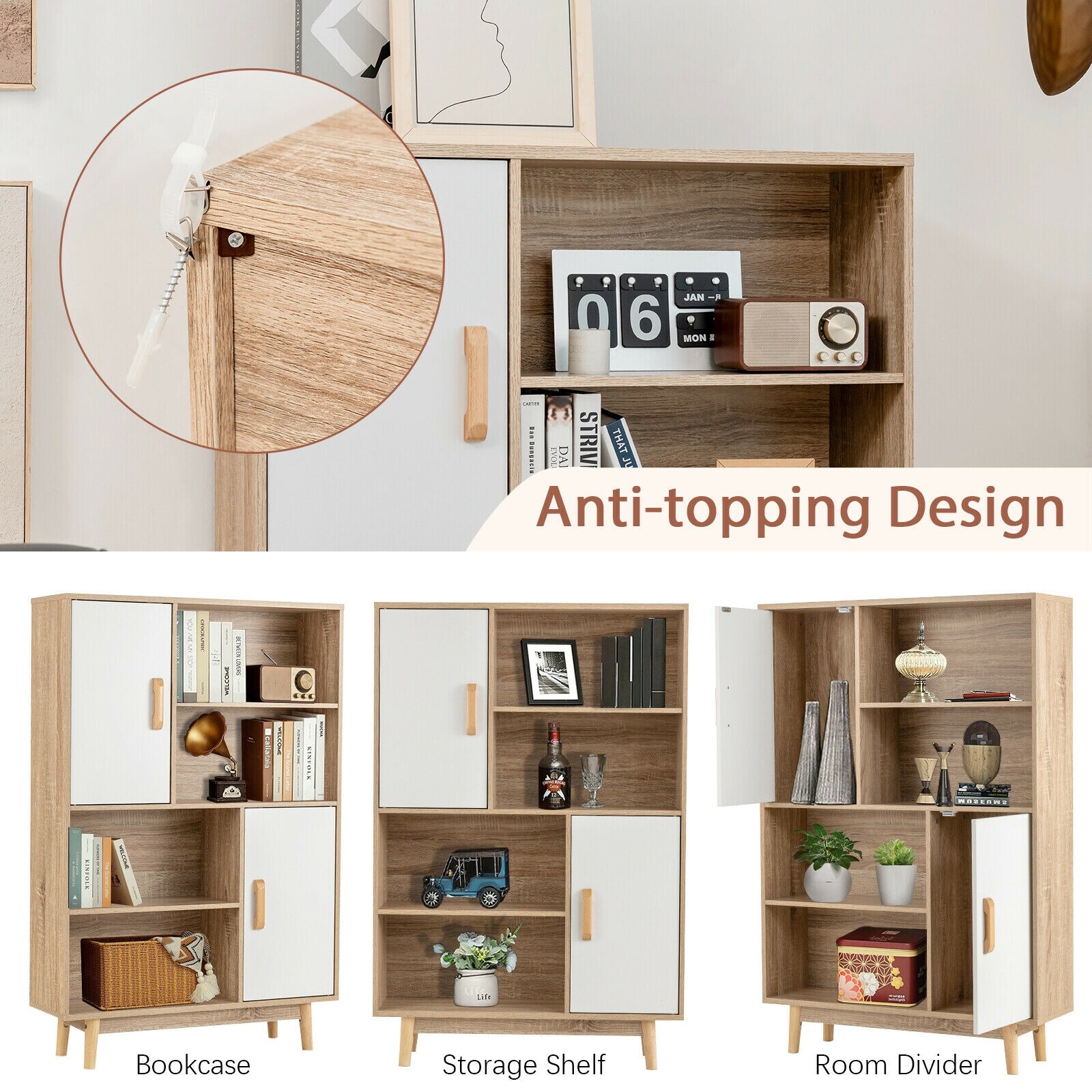 SUGIFT 4-Tier Accent Storage Cabinet With 2 Doors 4 Open Shelves Rubber ...