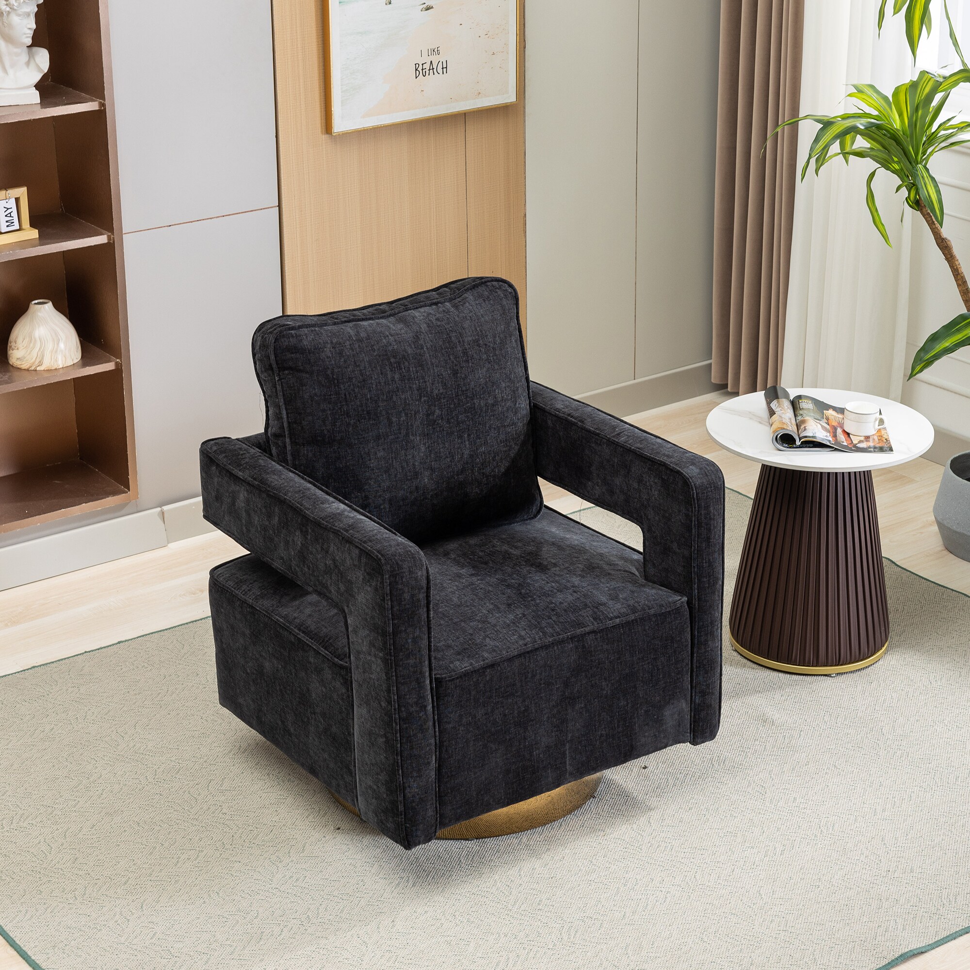Aortzio Modern Black Chenille Swivel Accent Chair HM-A1010-BLACK at ...