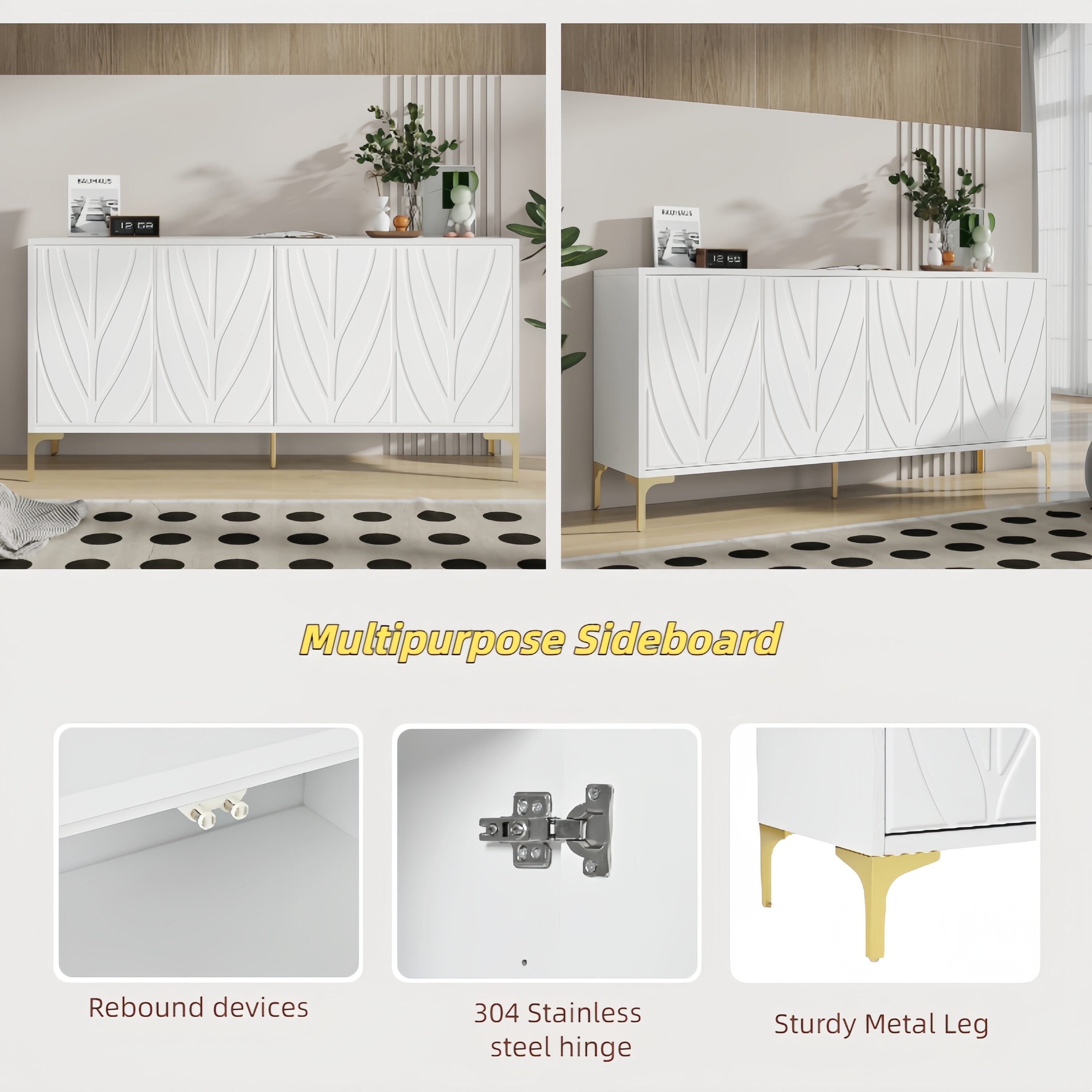 Homy Casa White Diamond Pattern Storage Cabinet with Gold Legs Modern ...