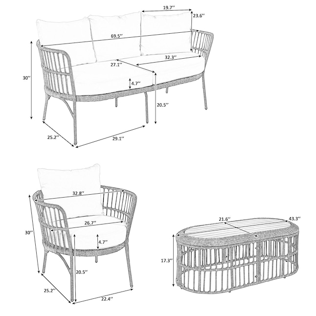 Bayfeve 4 Piece Rattan Patio Conversation Set With Off White Cushions