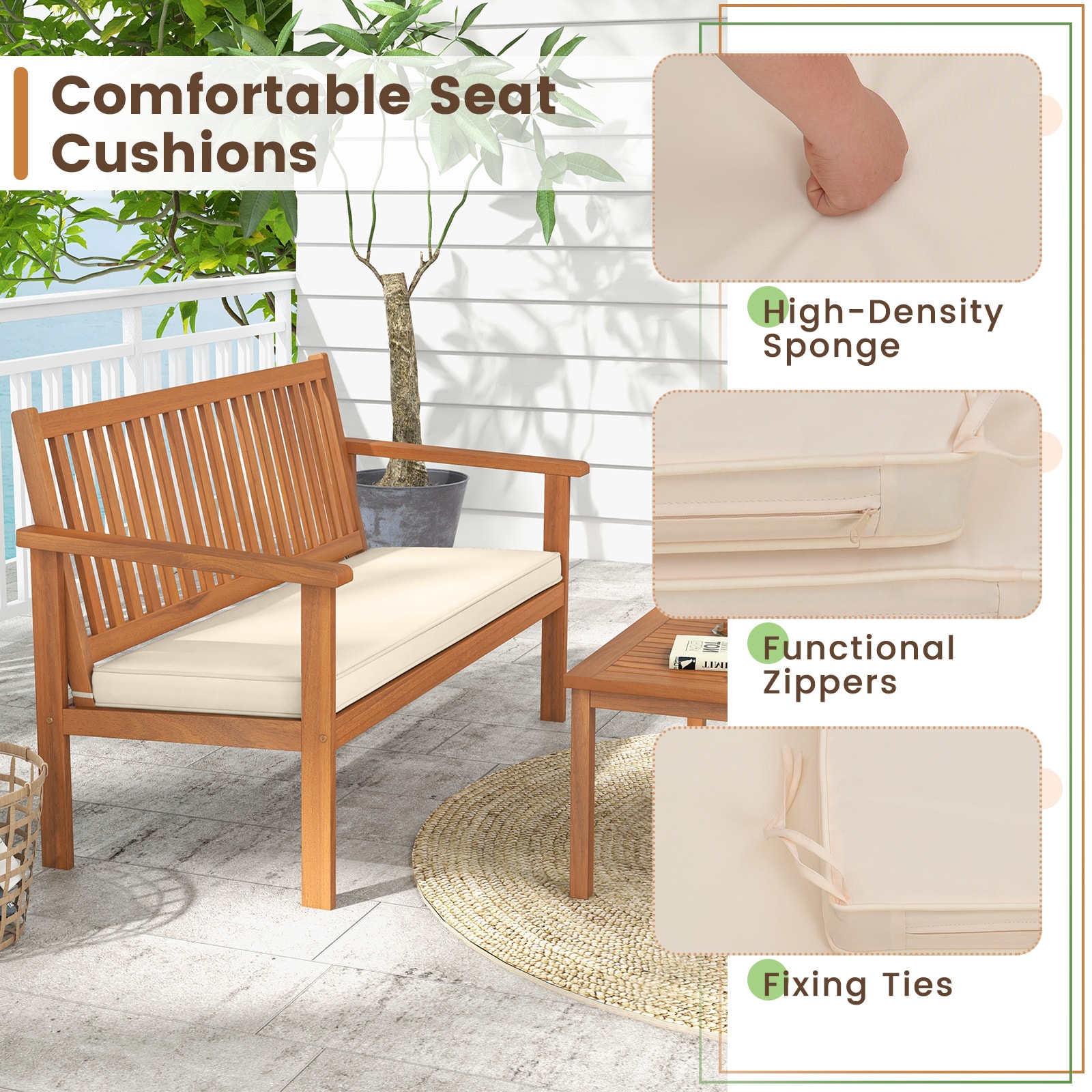 CALVON Acacia Wood Sofa Set 4 -Piece Patio Conversation Set with Off ...