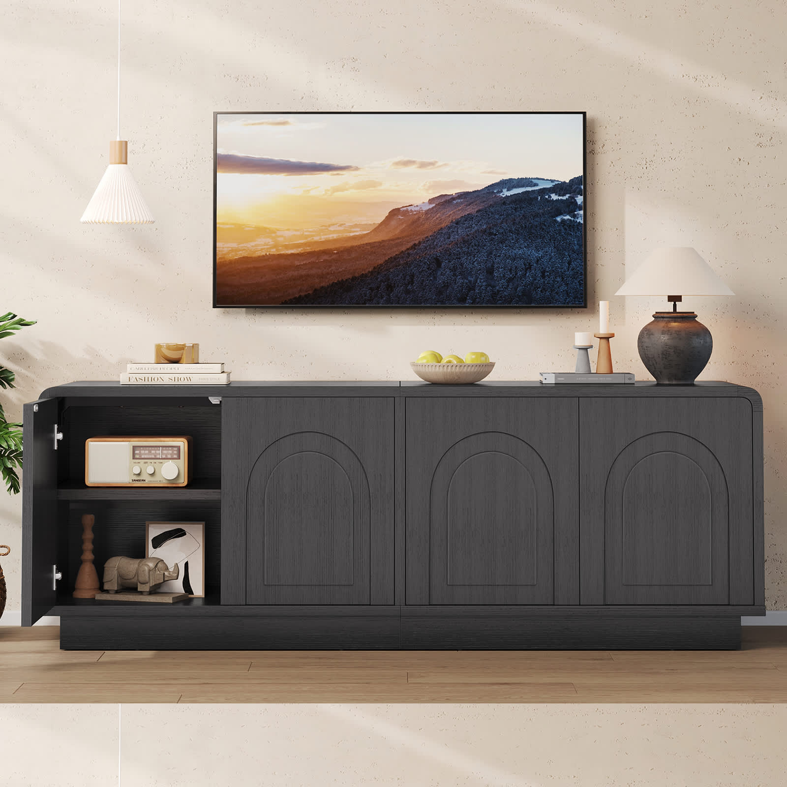 Bestier 62.99-in W Black Arched 4-Door Fully Enclosed TV Stand for TVs ...