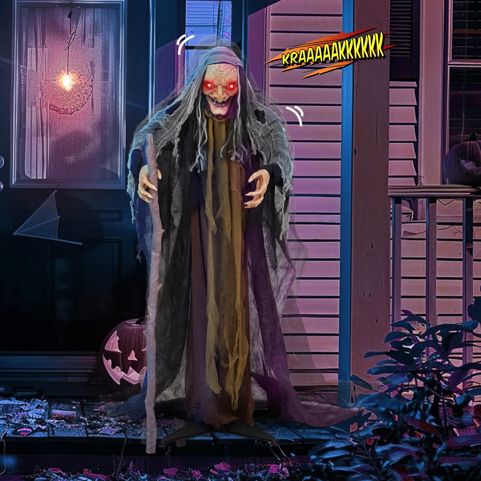 Zyerch 5.3ft Standing Cane Witch Red Eye Lights Protruding Head Spooky ...