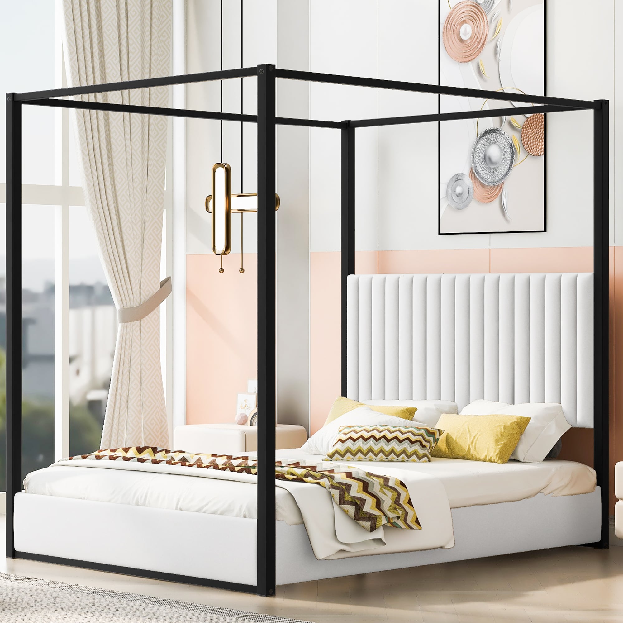 GDFStudio Queen Size Upholstered Canopy Bed in White Platform Bed with ...