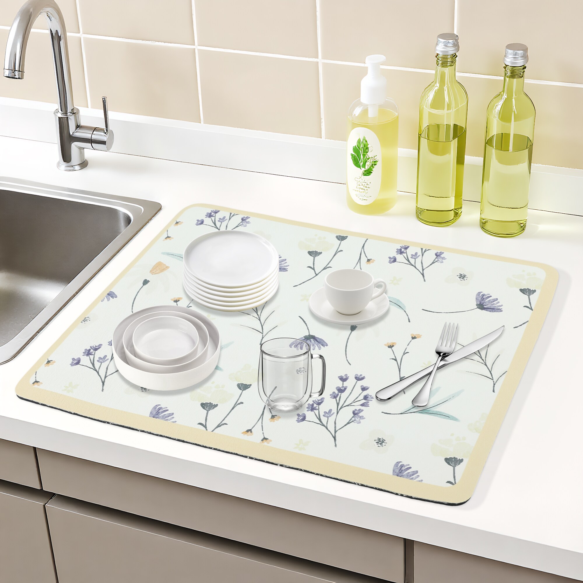 Unique Bargains Diatomaceous Stone Dish Drying Mat Floral Quick Dry ...