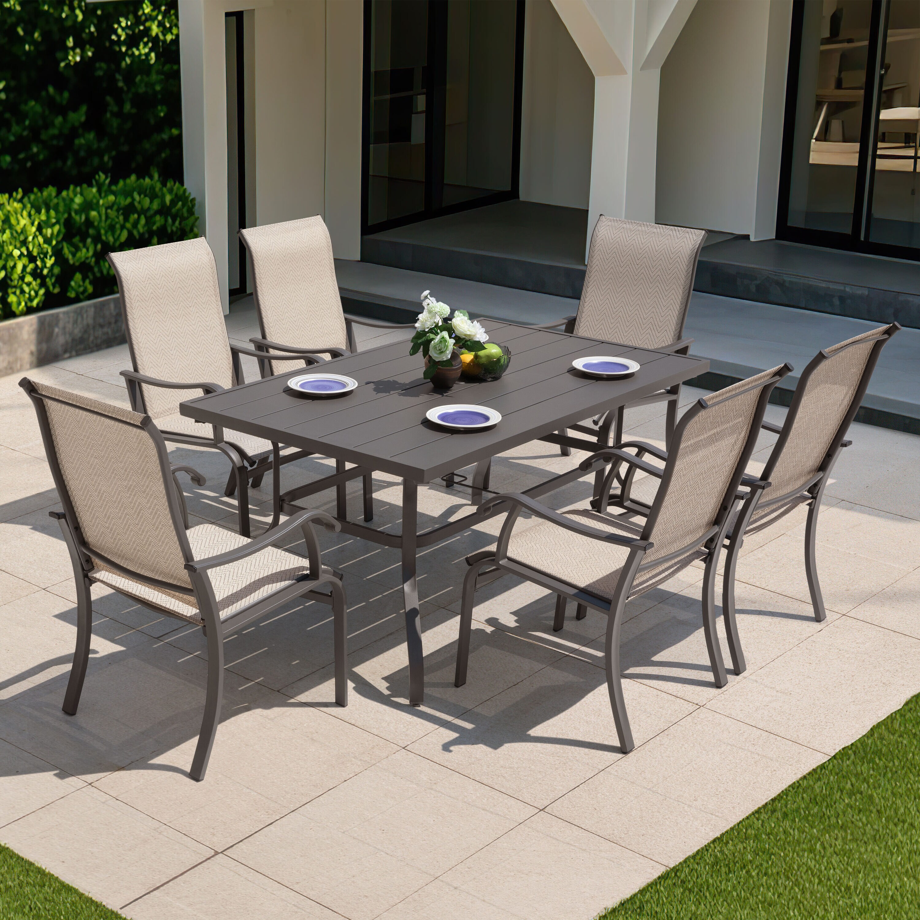 Nuu Garden 7 -Piece Grey Patio Dining Set Iron Rectangle Table with 6 ...