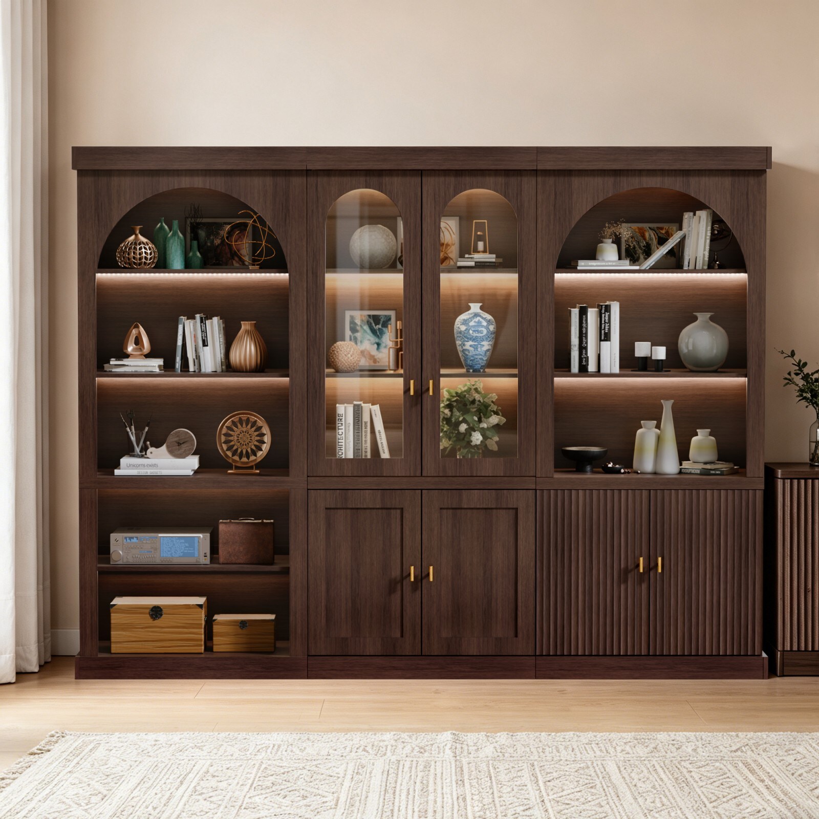 GlasFlength 71 Inch Arched Kitchen Pantry Cabinet LED Storage ...