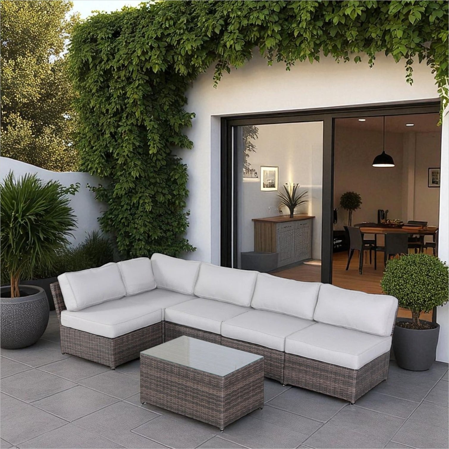 Watnature Outdoor Patio Wicker Sectional Set with Coffee Table 4-Seat ...