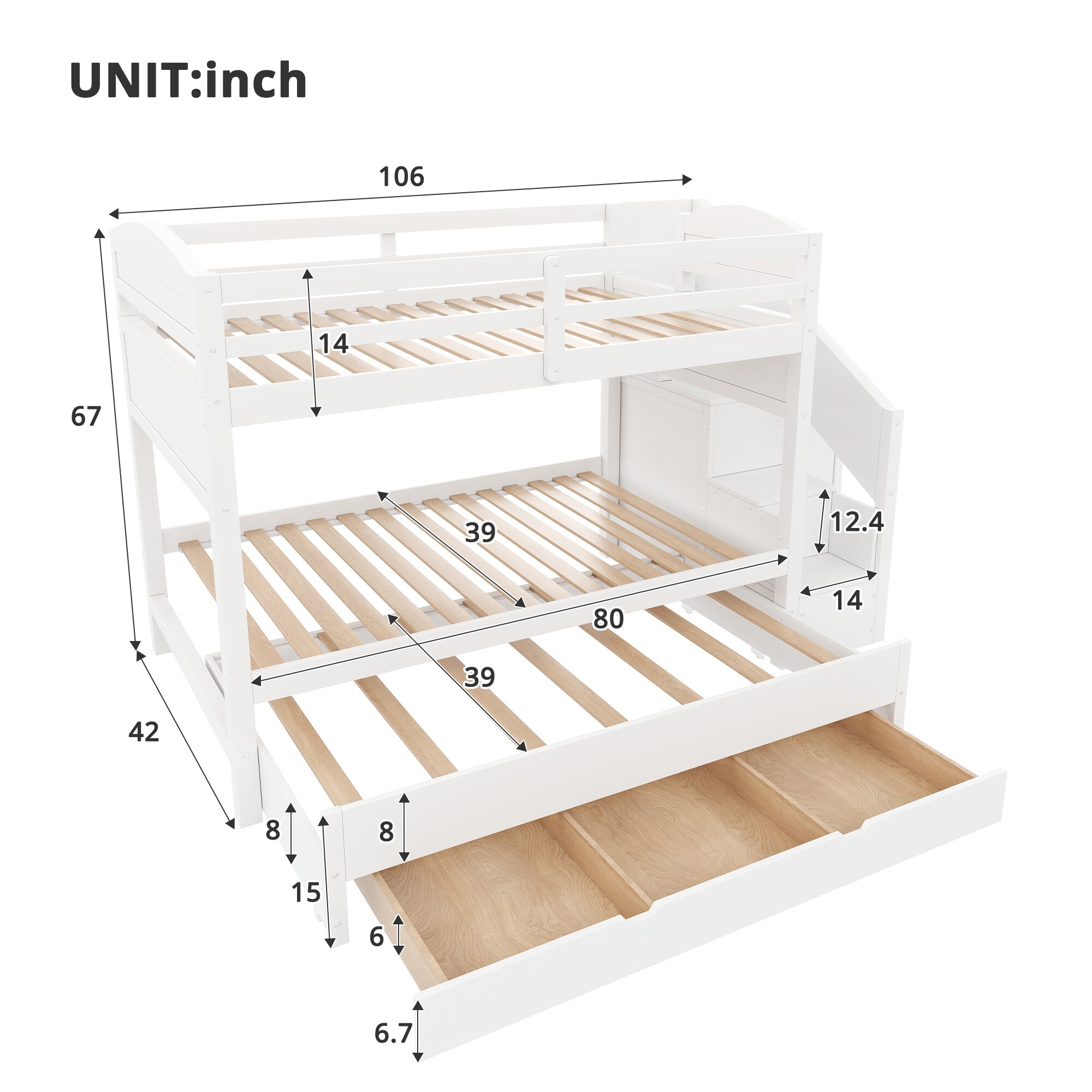 GDFStudio White Twin XL Bunk Bed with Trundle Storage Staircase ...