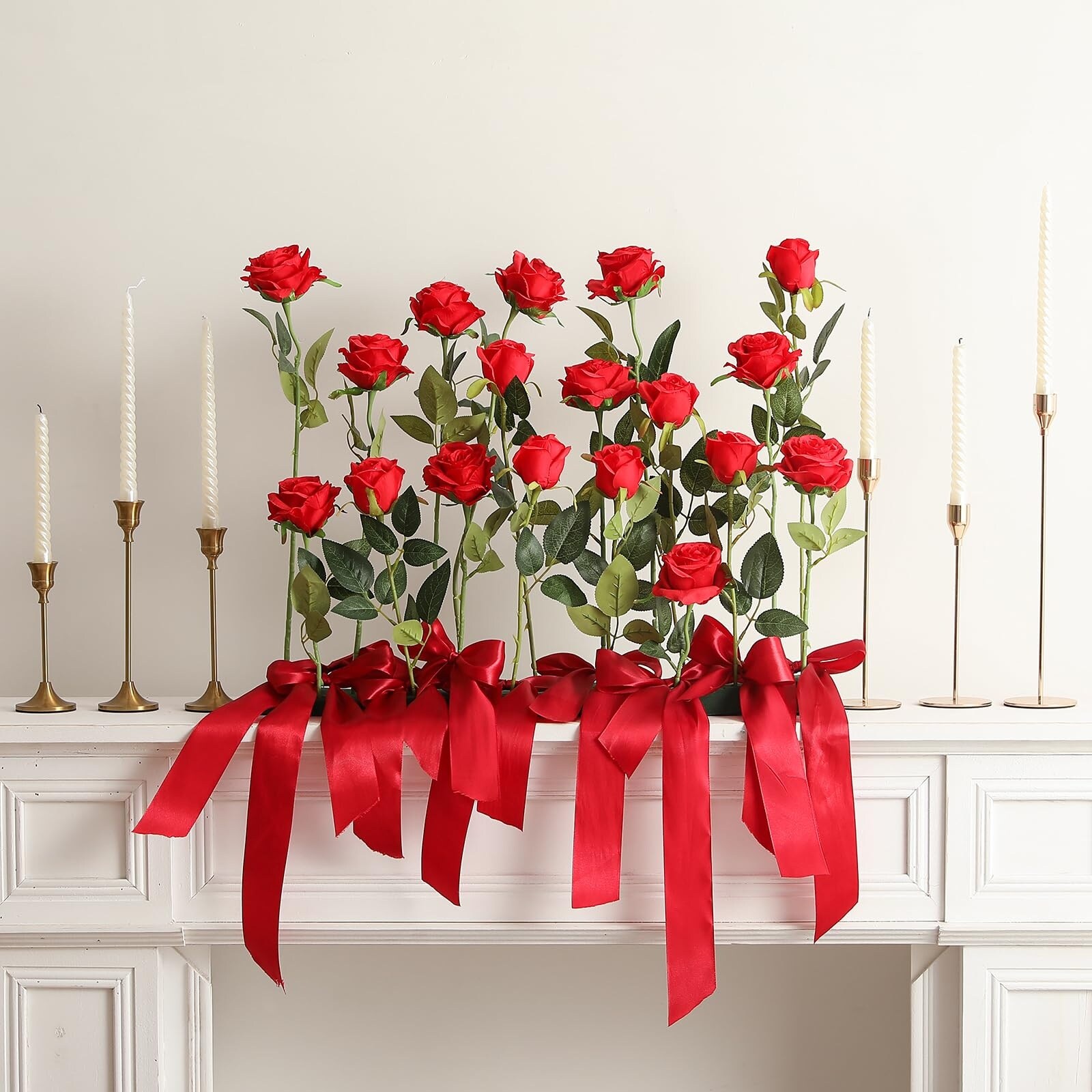 Phewnyzo 12 pcs Artificial Silk Red Roses Long Stem Realistic Flowers ...