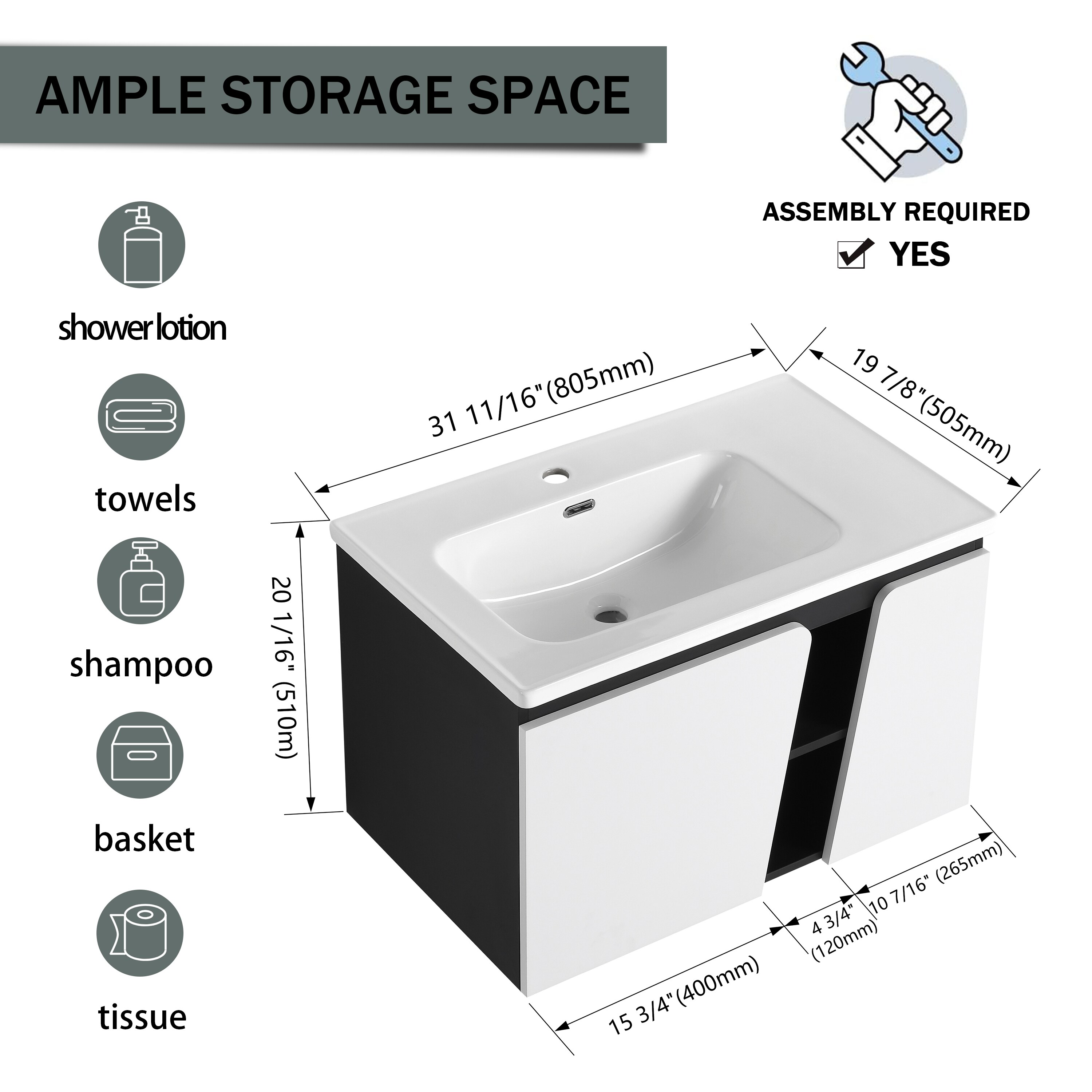 WELLFOR 32-in White Single Sink Floating Bathroom Vanity with White ...