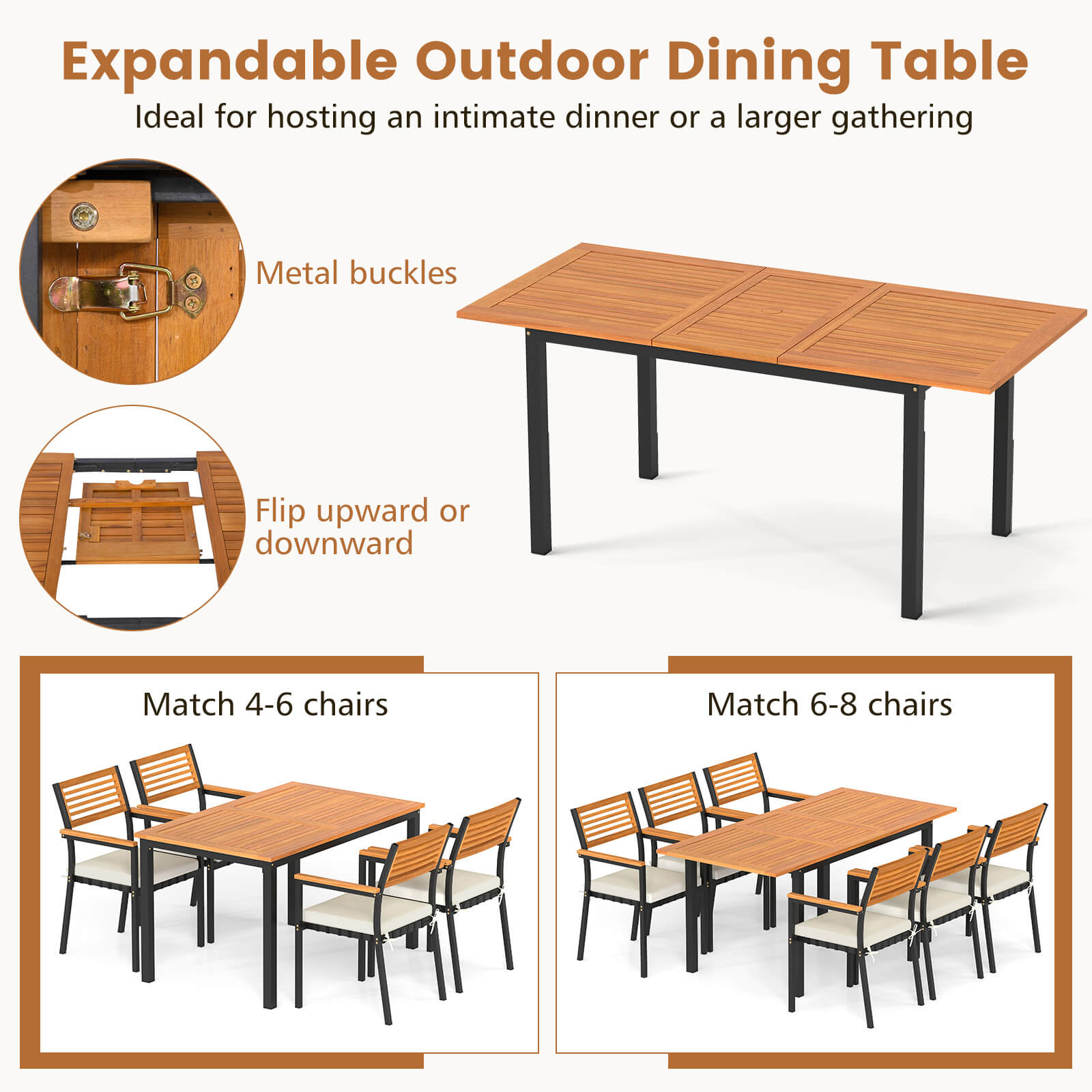 Costway 7 -Piece Black Patio Dining Set Extendable Table Wood Rectangle ...