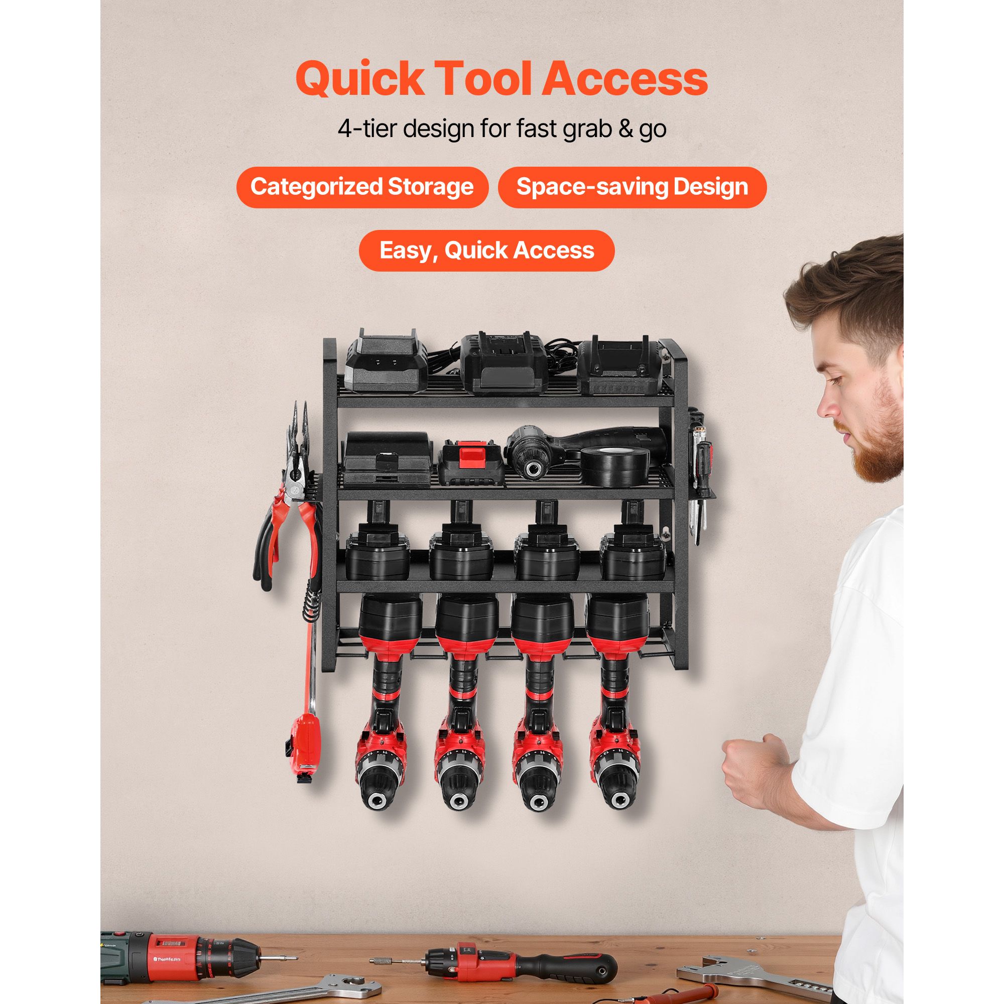 JUSHUA Power Tool Organizer Wall Mount 4-Layer Storage Rack with 4 ...
