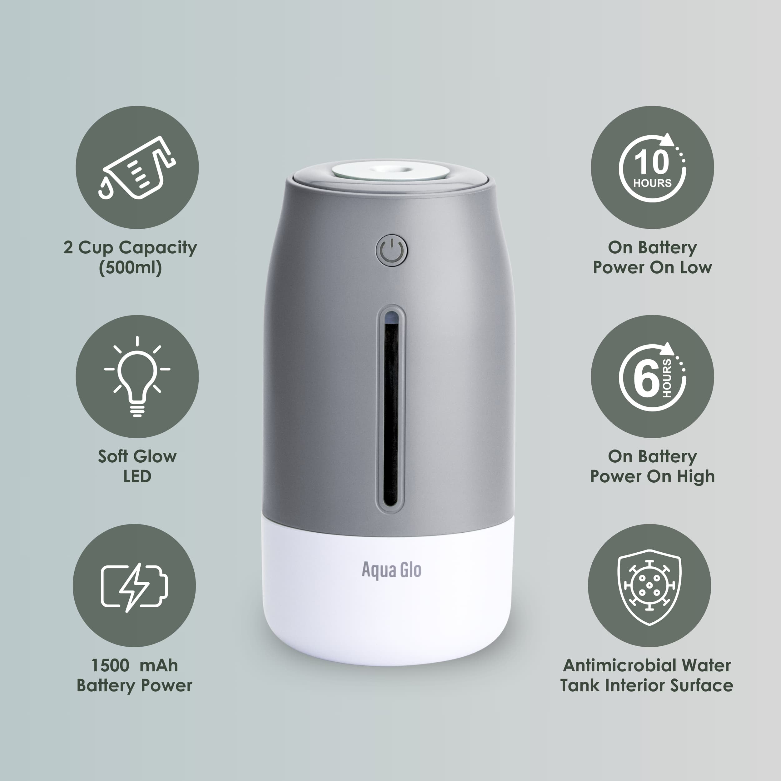 Airvana Aqua Glo Portable 2 Cup Ultrasonic Cool Mist Humidifier Built ...