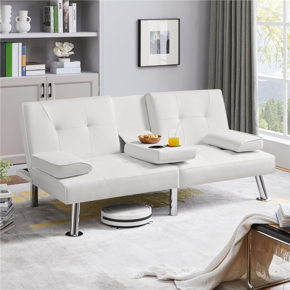 Yaheetech White Modern Faux Leather Convertible Futon Sofa Bed with Cup ...
