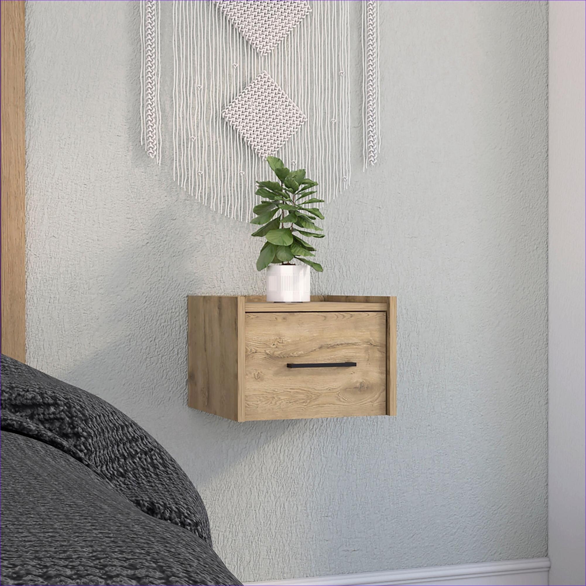 Watnature Beige-toned Floating Wall-Mounted Nightstand Single Drawer ...