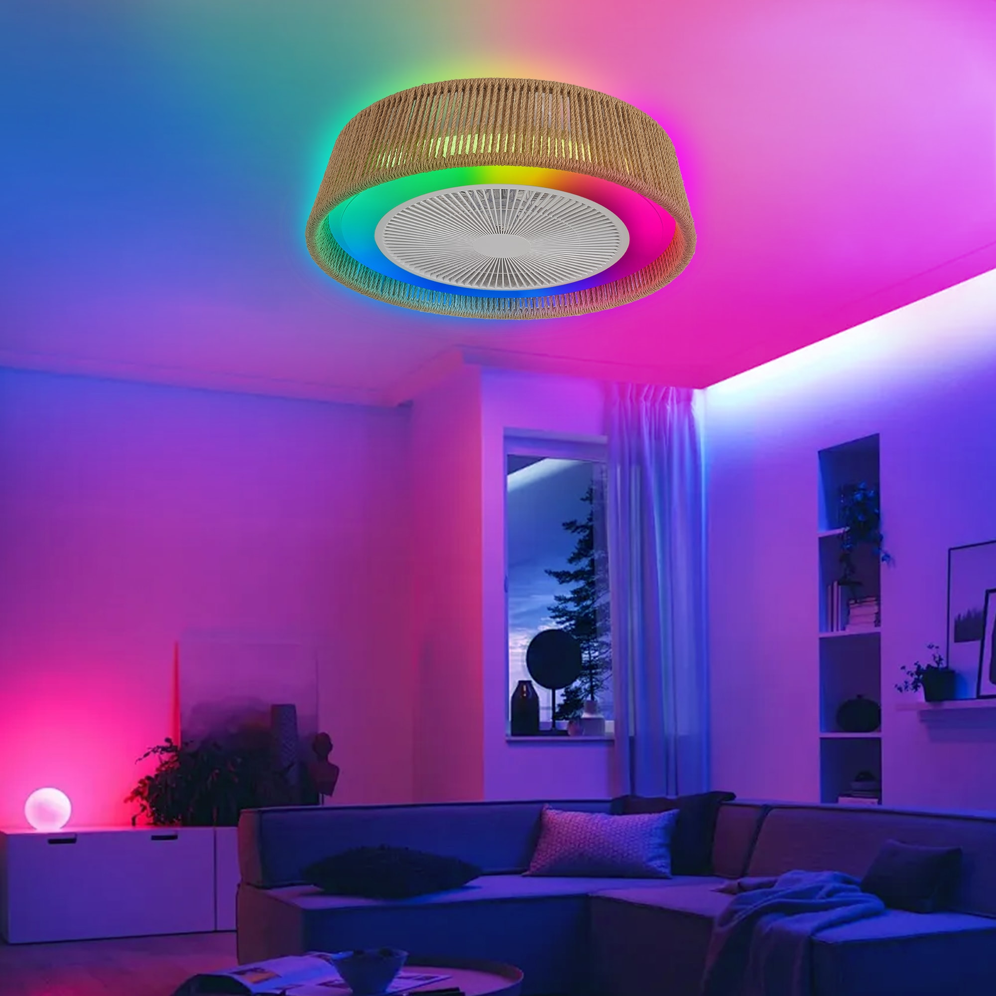 LOVMOR 21 Rustic Ceiling Fan LED RGB Rope 6 Speed for Bedroom/Living ...