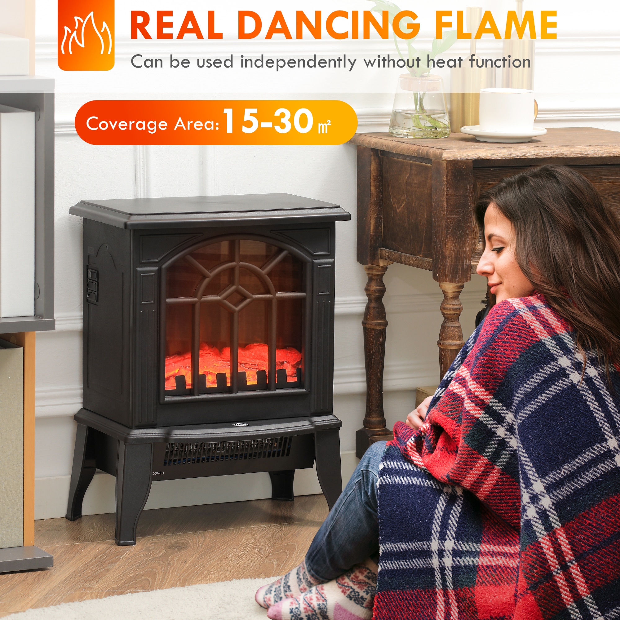 LOVMOR Electric Fireplace Stove 18 Freestanding Heater Realistic Flame ...