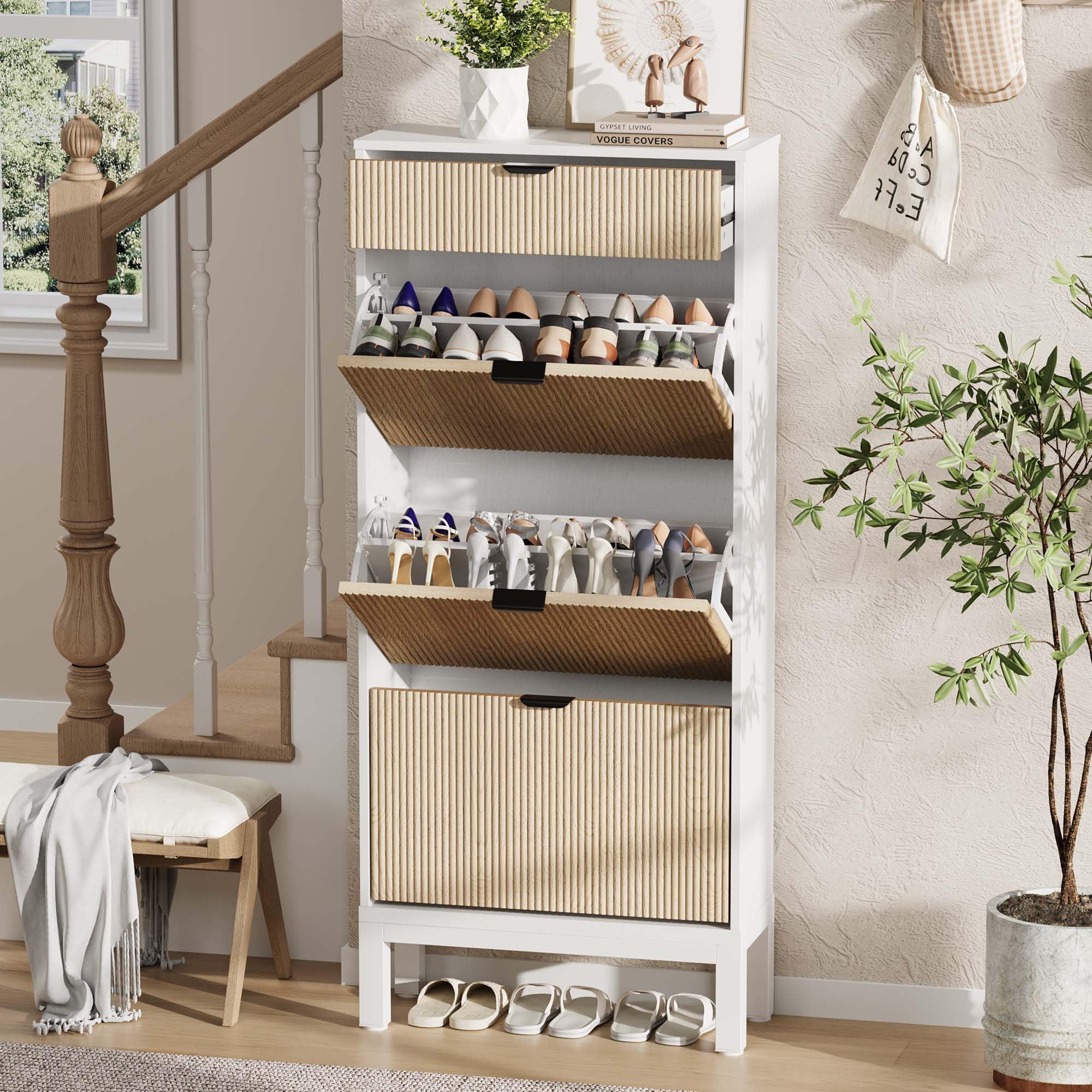 GarveeLife Fluted Shoe Cabinet with 3 Flip Doors and Drawer Slim Hidden ...