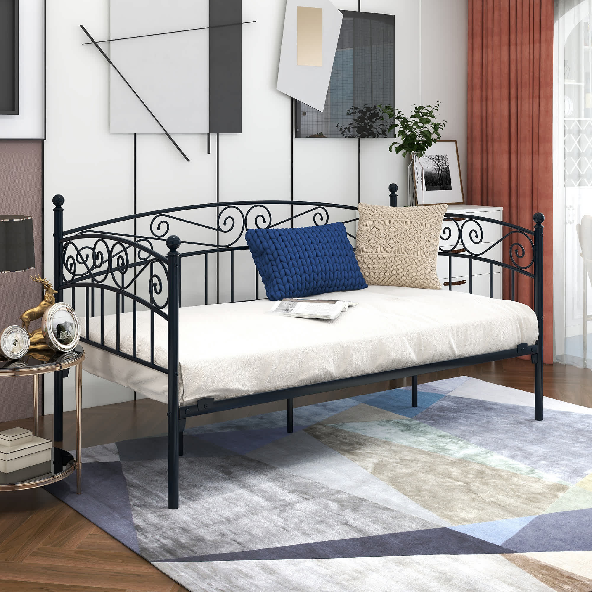 Vynxaria Twin Metal Daybed Frame with Headboard 450 Lbs 12 In Storage ...