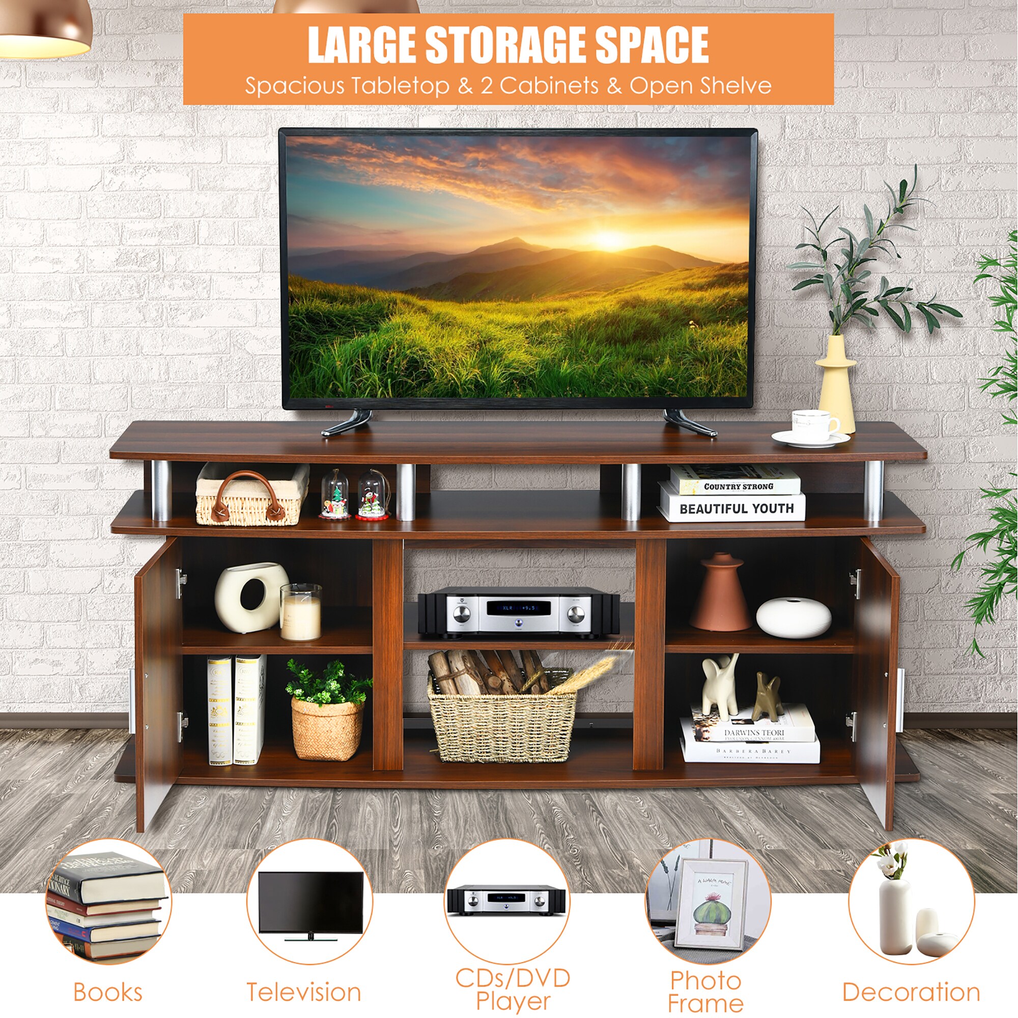 Costway Modern/Contemporary Walnut Tv Stand (Accommodates TVs up to 65 ...