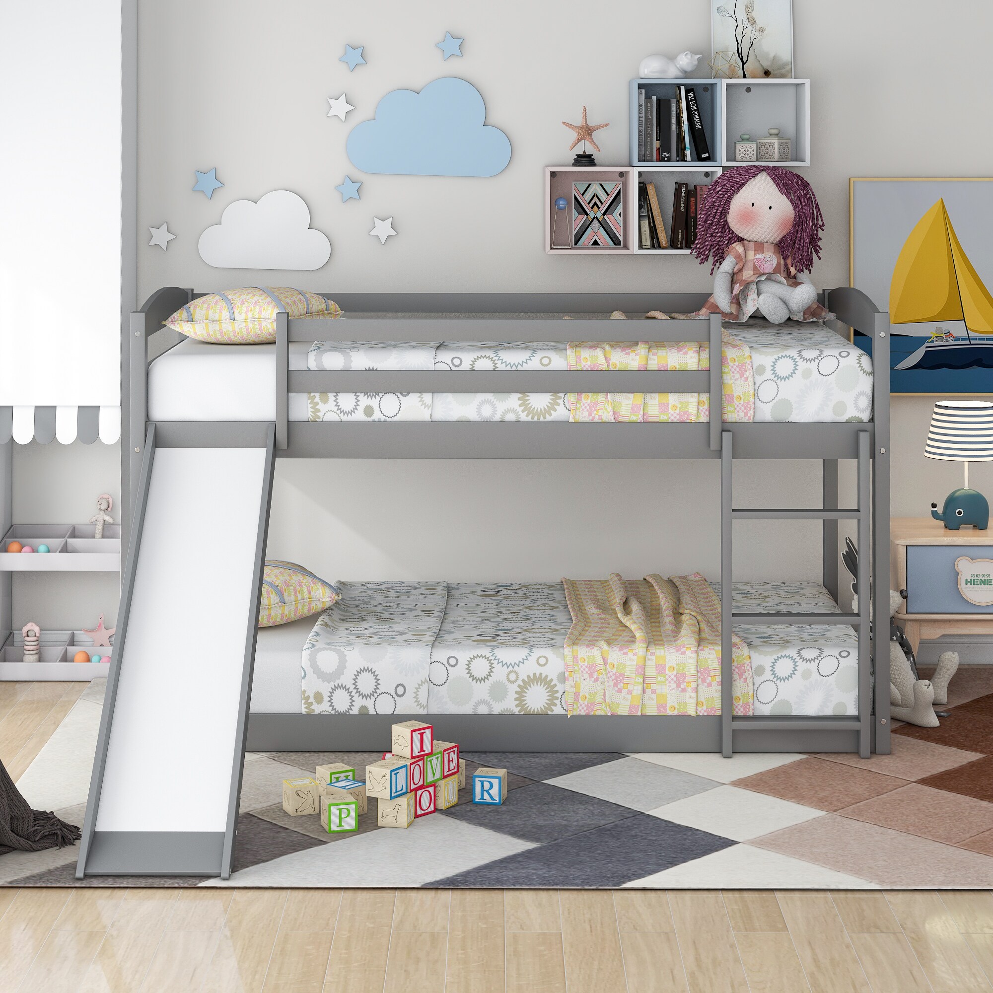 Dimakai Gray Twin over Twin Bunk Bed - Convertible Slide and Ladder in ...