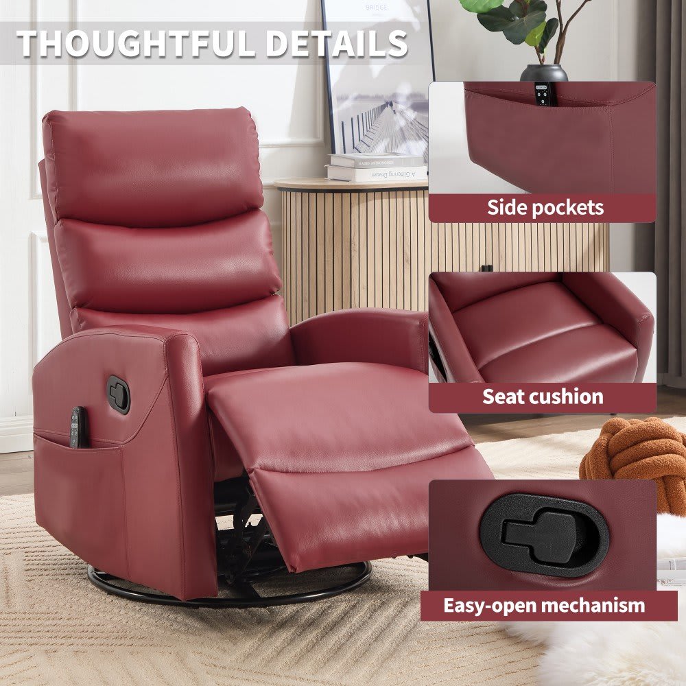 Coolbibila Red Faux Leather Swivel Recliner Chair with Massage Heat ...