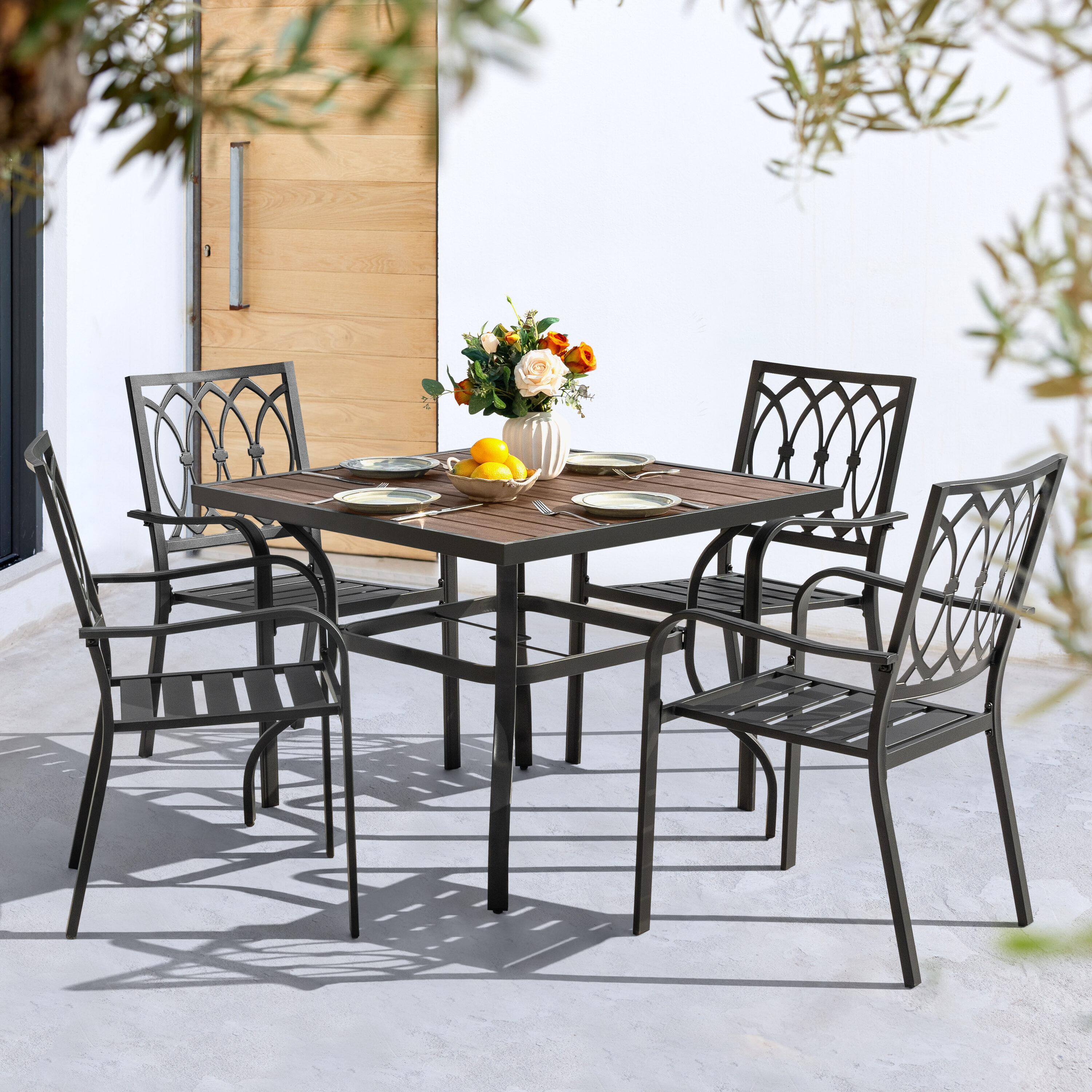 Nuu Garden 5 -Piece Brown Slatted Table Patio Dining Set Iron Square ...
