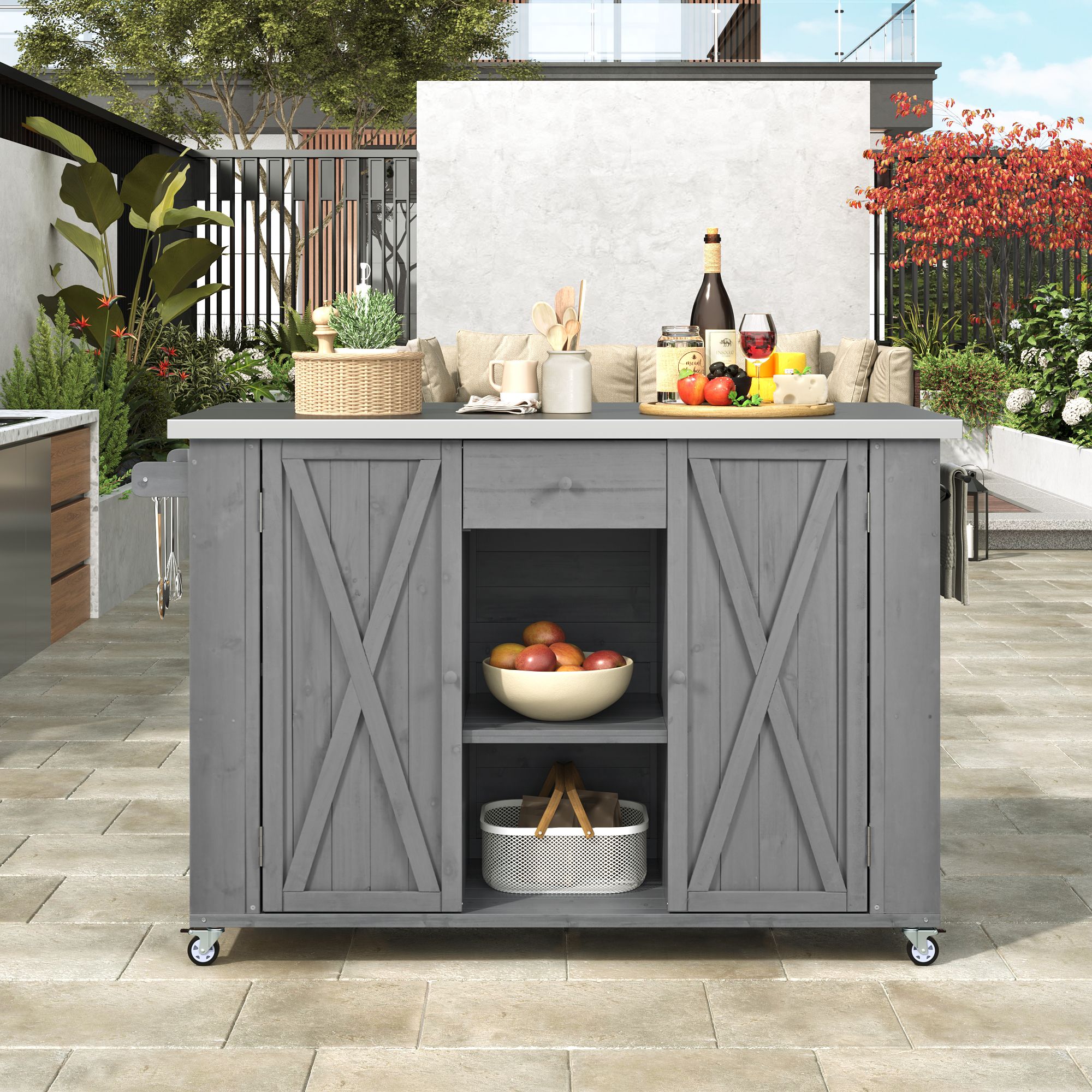Clihome with Stainless Steel Top Gray Douglas fir Outdoor Serving Cart ...
