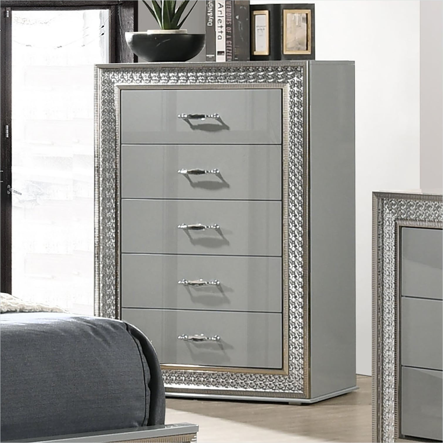Watnature 5-Drawer Tall Chest in Cool Gray with Scaled Metal Trim and ...