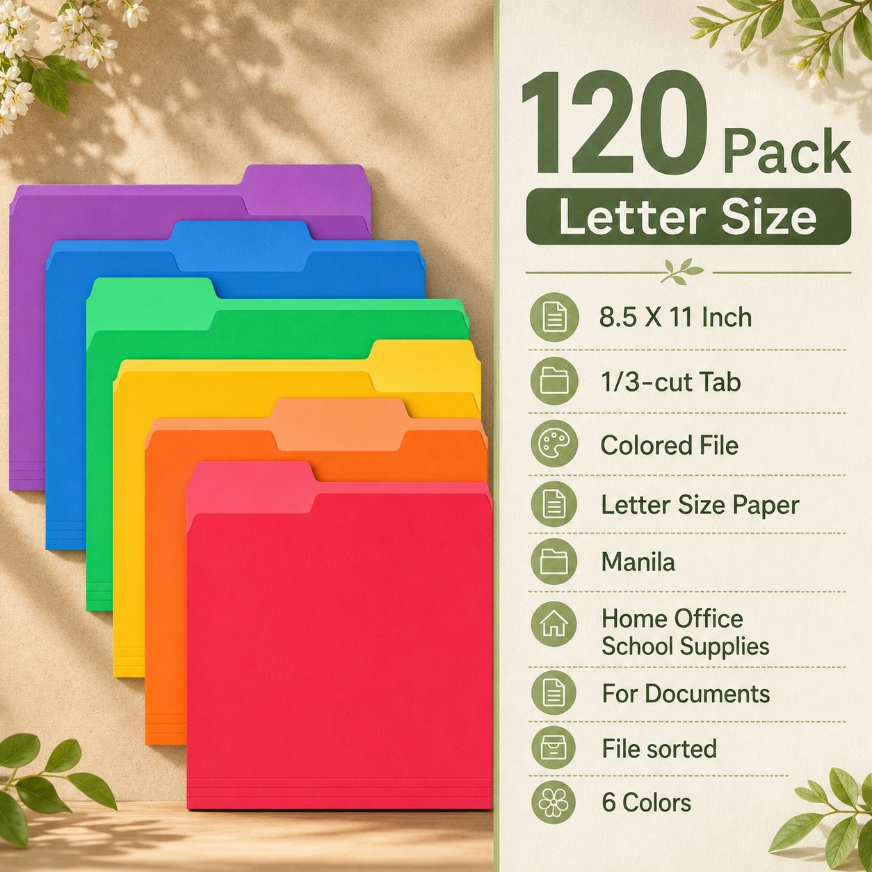 Baginizer 120 Pack Colored Manila File Folders 13 Cut Tab Letter Size ...