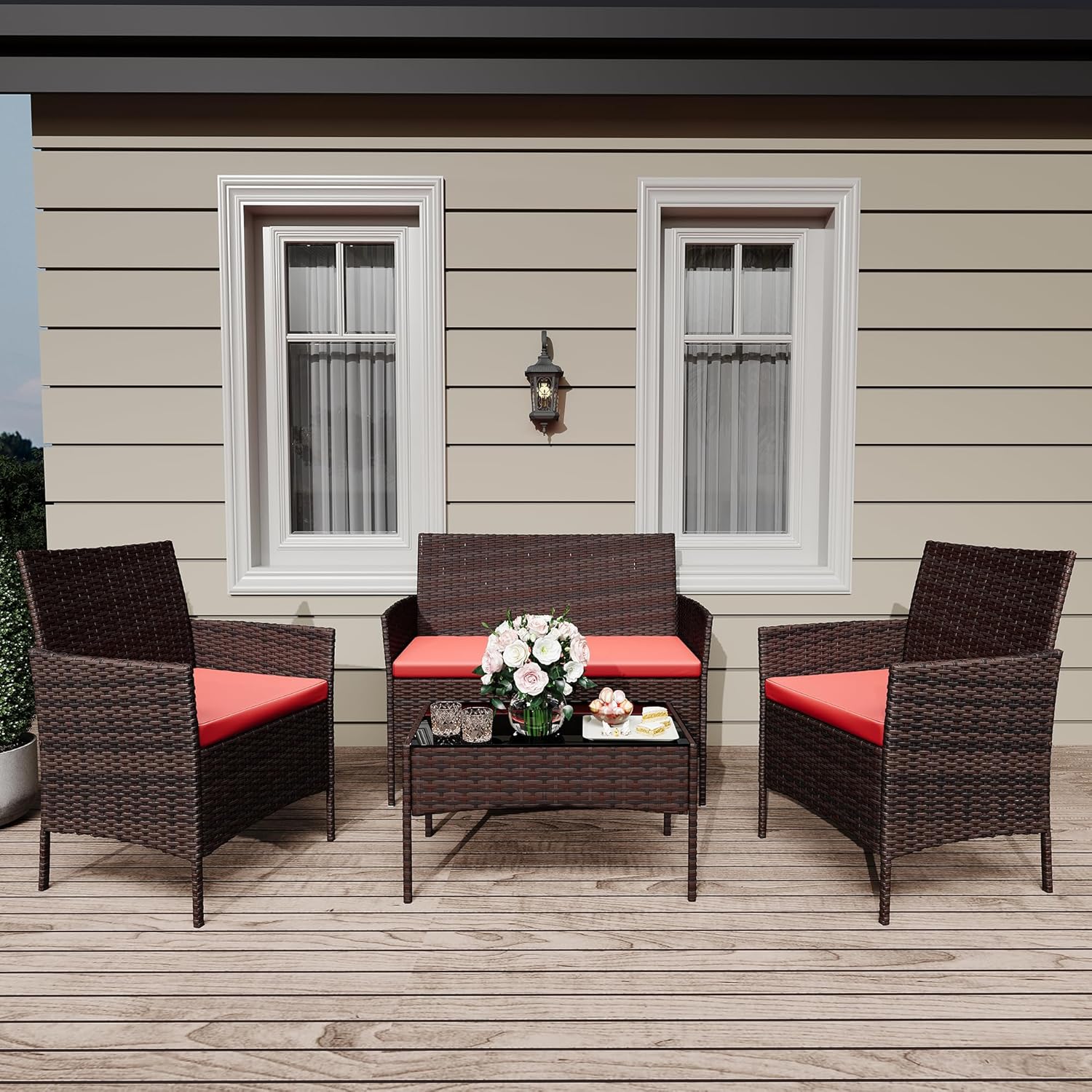 GarveeLife 4 Piece Patio Wicker Rattan Conversation Set/2 Chairs ...