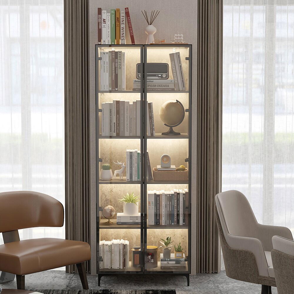 Homsee 5-Tier Glass Door Display Bookcase with LED Lights Metal Legs ...