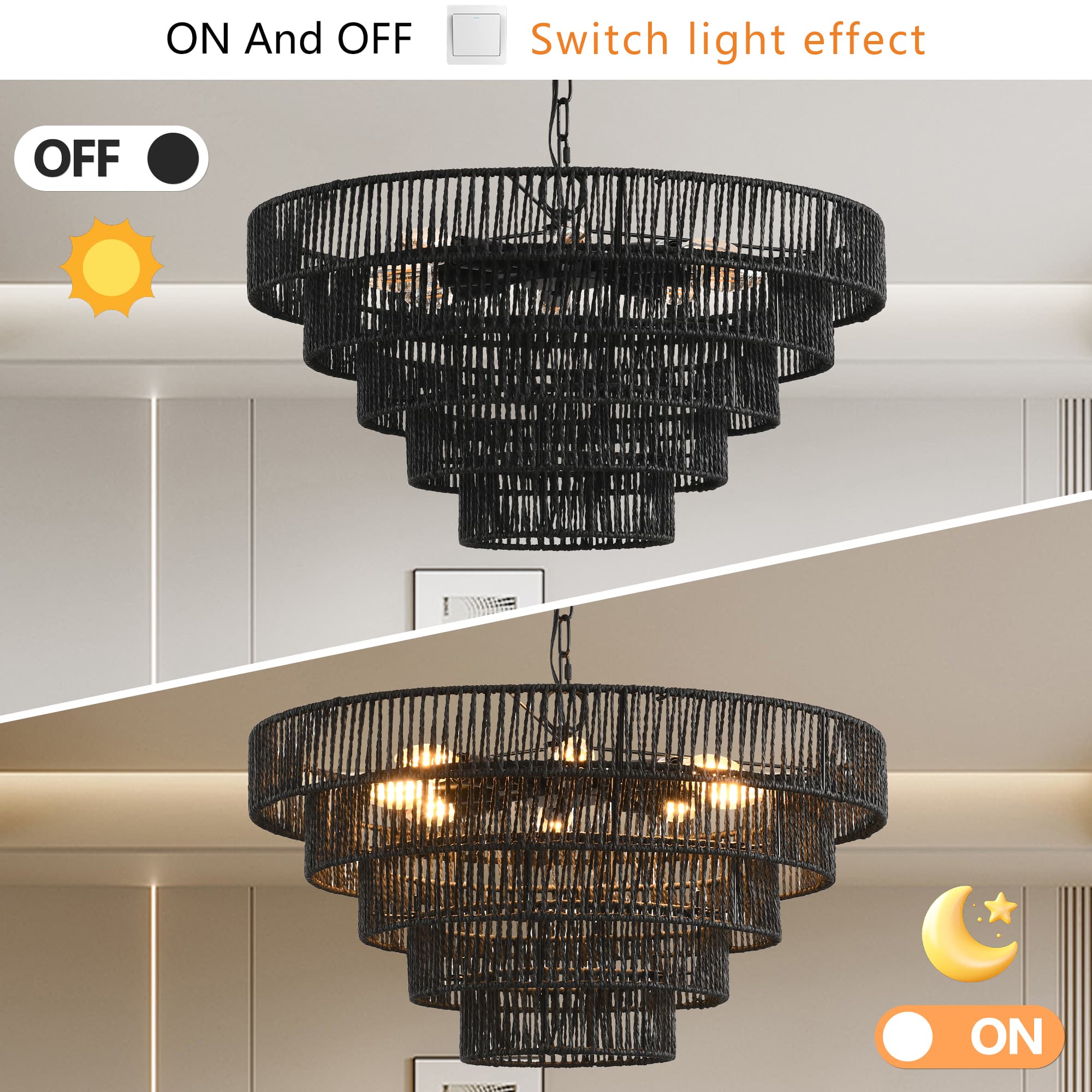 JCFL 24 in. Black Iron Rope Rustic 5-Tier Black Hemp Rope Pendant Light ...