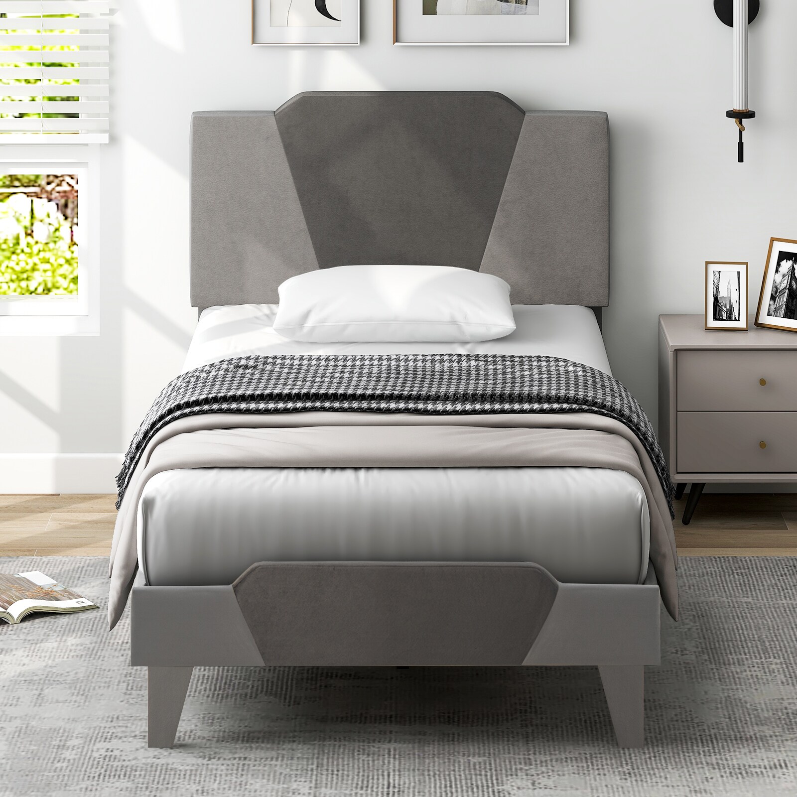 Slickblue Modern Gray Velvet Upholstered Bed – Metal and Wood Platform ...