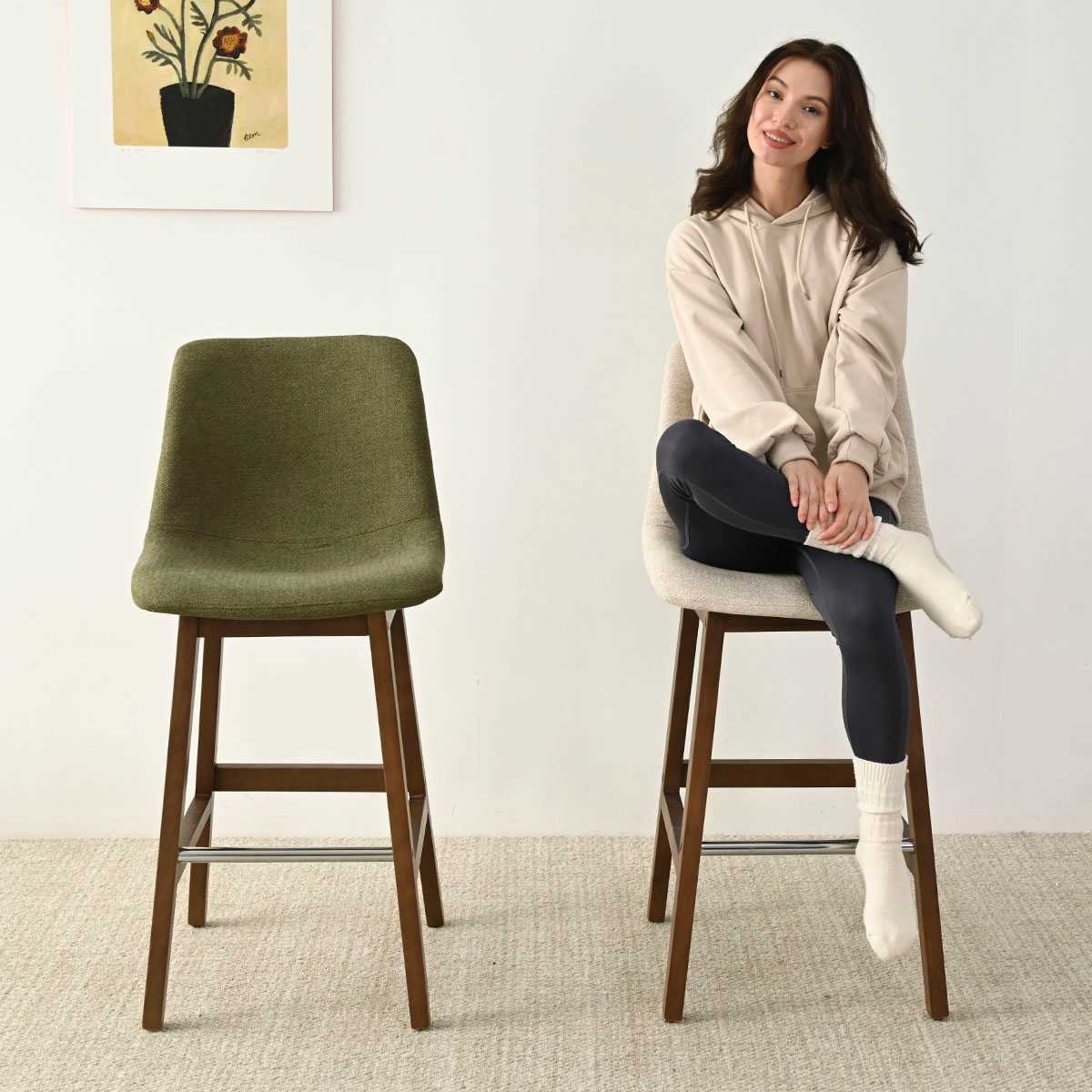 Maison Boucle Set of 2 Green Upholstered Bar Stool with 28 inch Seat ...