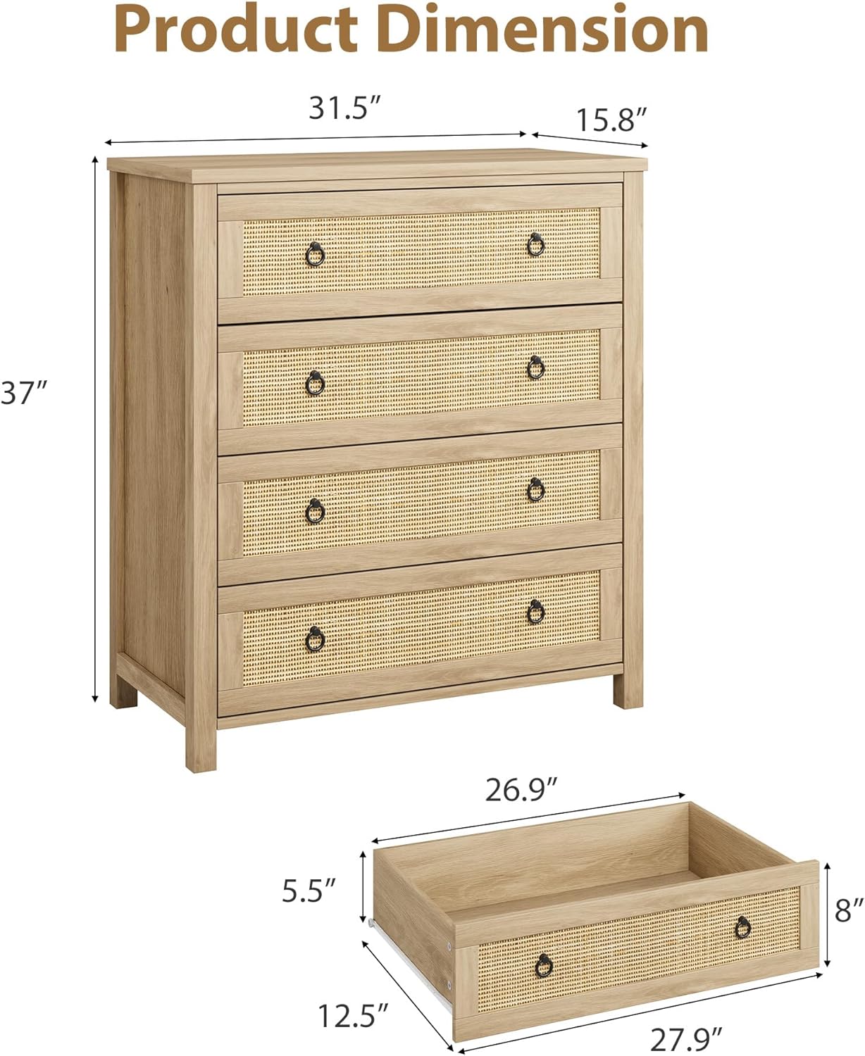 Garvee Dresser for Bedroom Rattan Chest of Dressers 37 in Tall Dresser ...