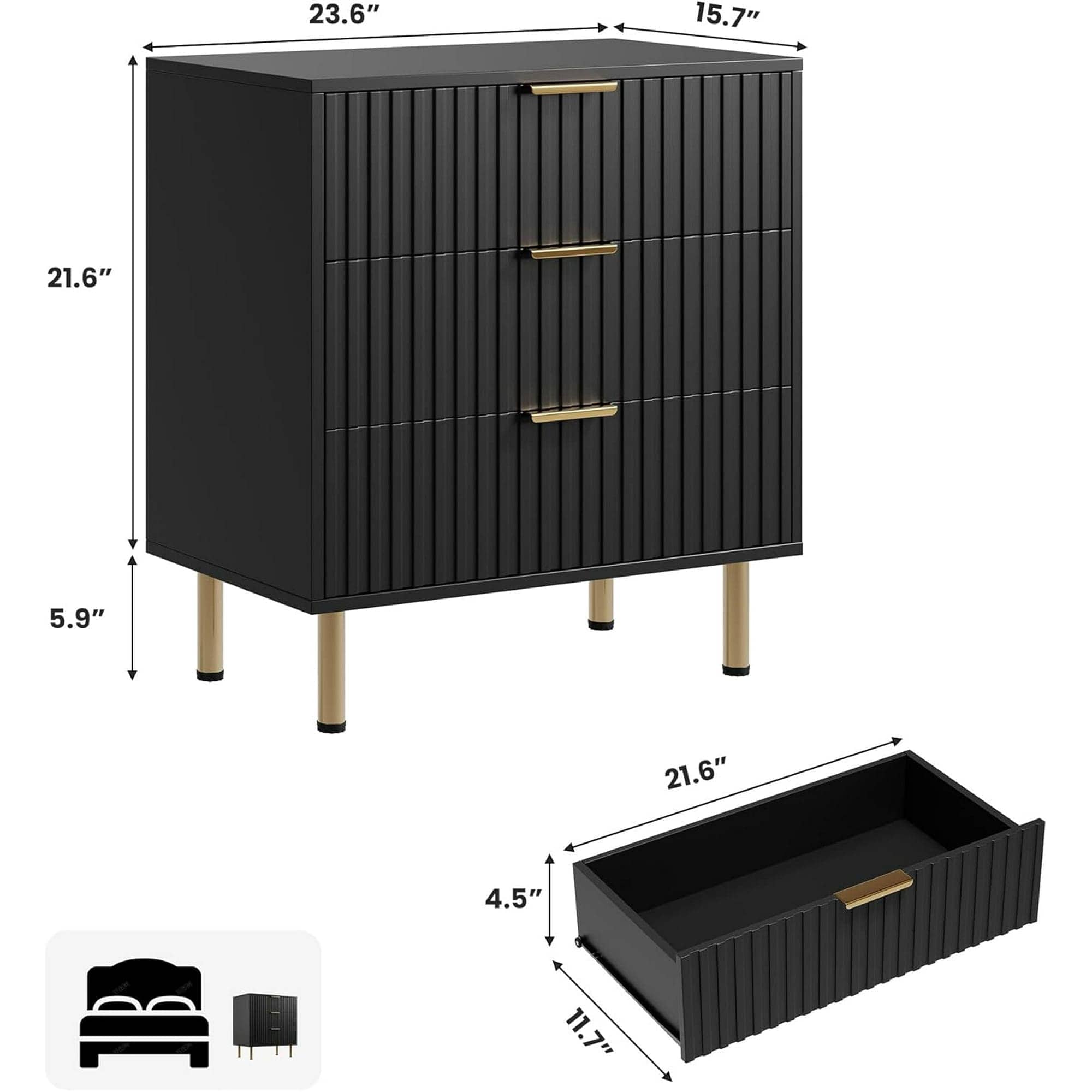 Garvee Black 3 Drawer Dresser Bedroom Fluted Modern Nightstand with ...