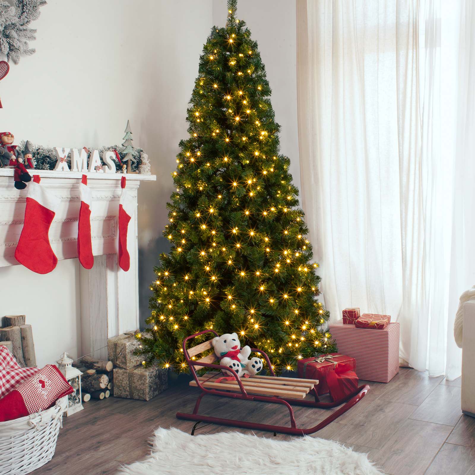 Choco Moon 7ft 881 Branch Half Christmas Tree with 230LED Lights PVC ...