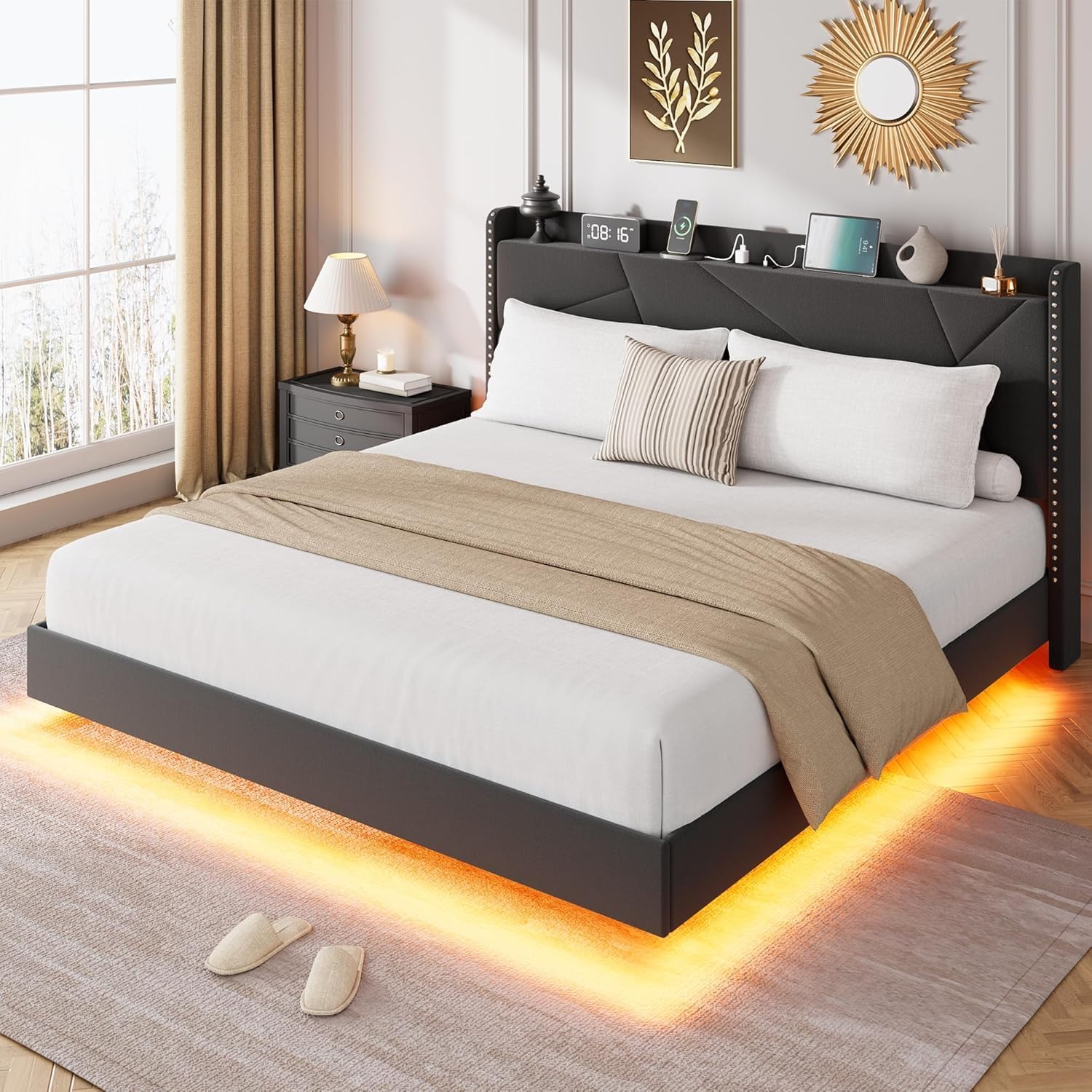 Garvee Queen Size Floating Bed Frame with RGB LED Lights and Charging ...