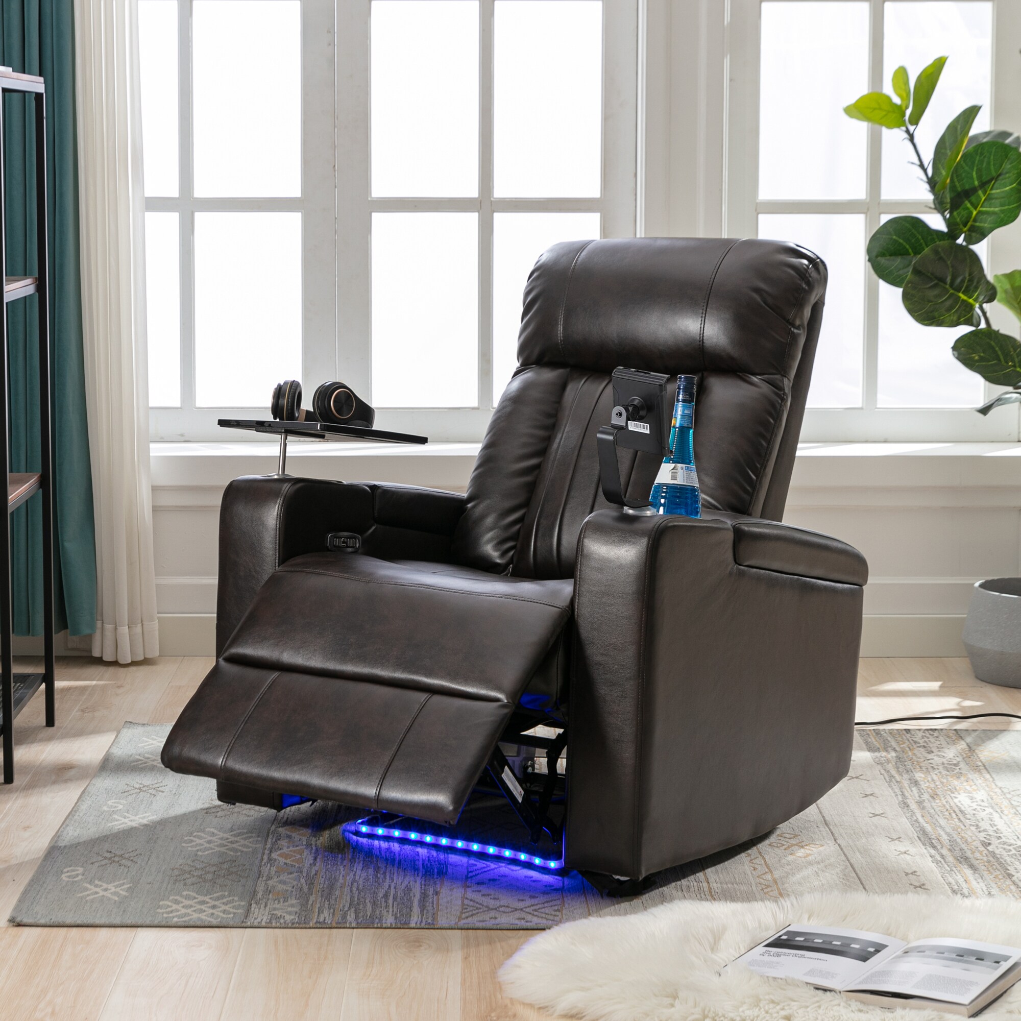Huluwat Brown Premium Power Recliner with Storage Arms Cupholders ...