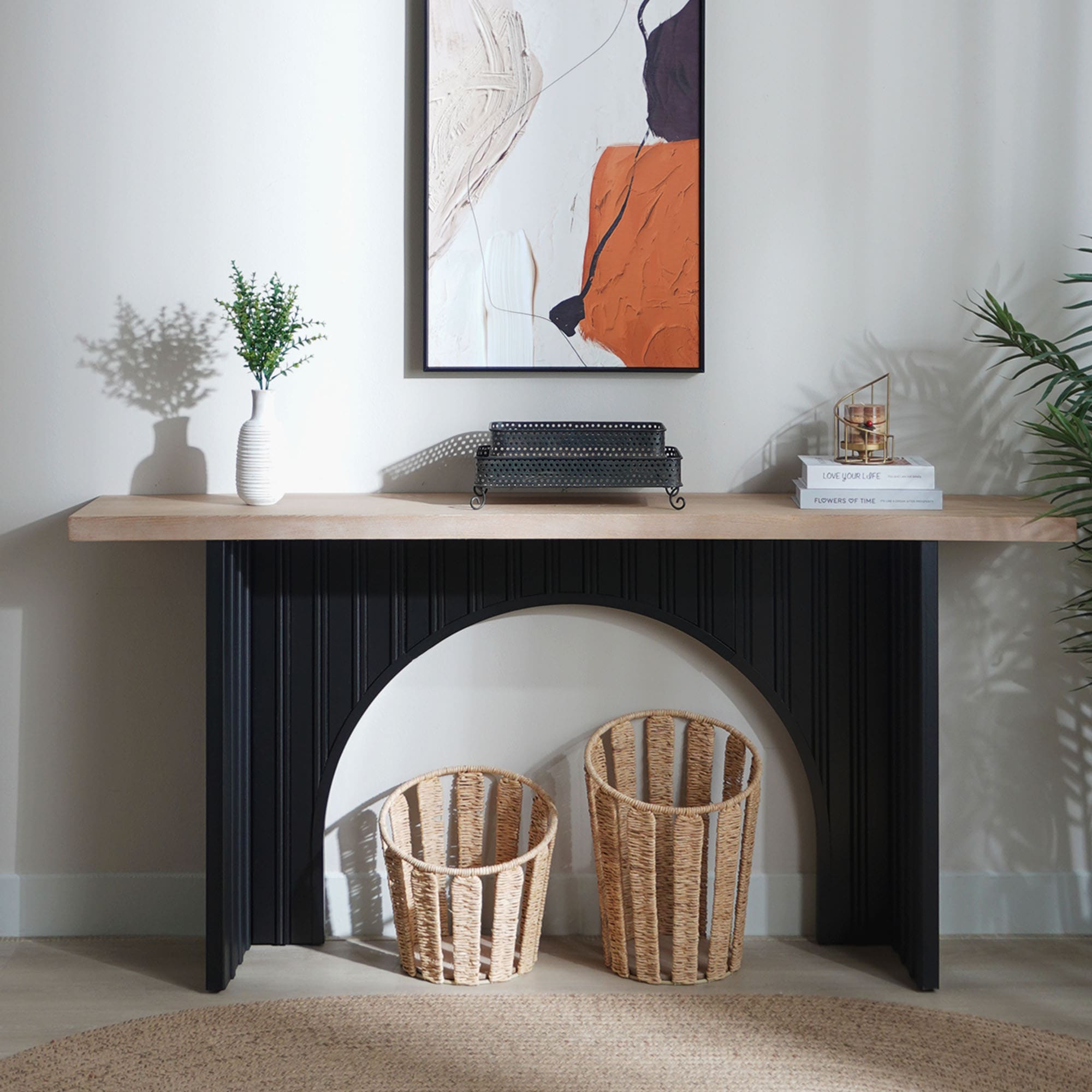 LOVMOR Modern Minimalist Console Table with Black Arch Base and Natural ...