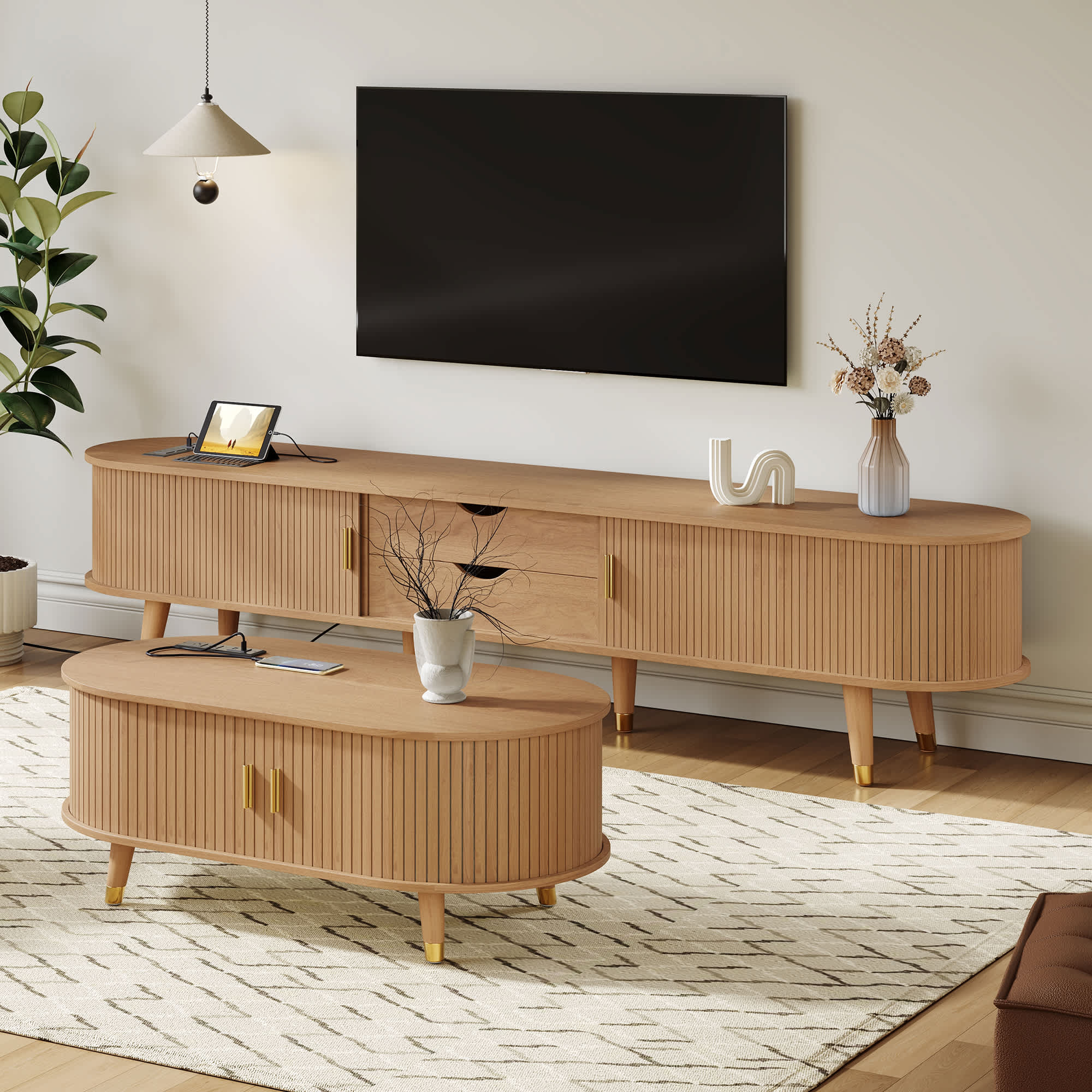 Vynxaria 74 in Natural Oval MDF Console Table with Coffee Table Set ...