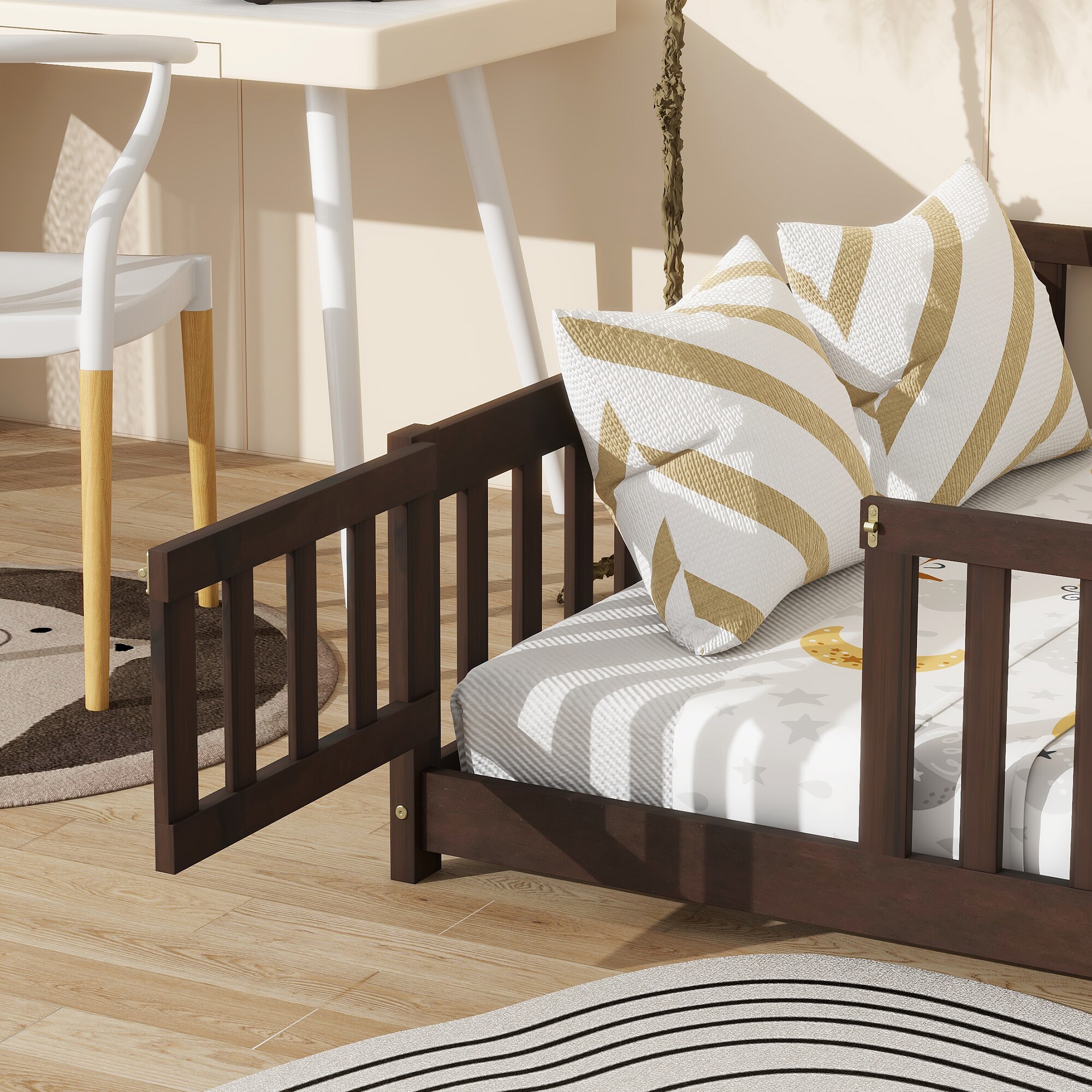 Bellemave Espresso Full Size Montessori Floor Bed with Safety Fence and ...