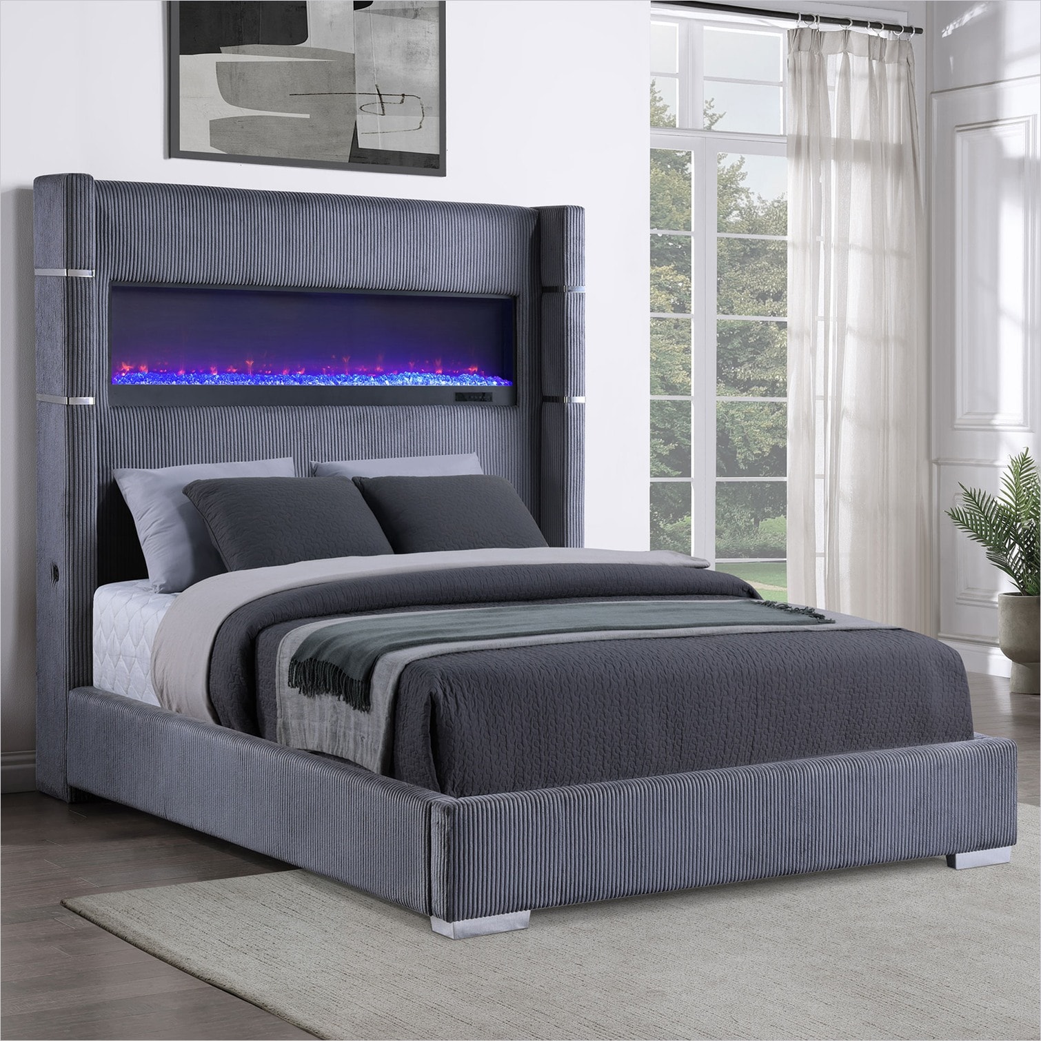 SunJet Queen Upholstered Wingback Bed with Integrated Flame Box Slate ...