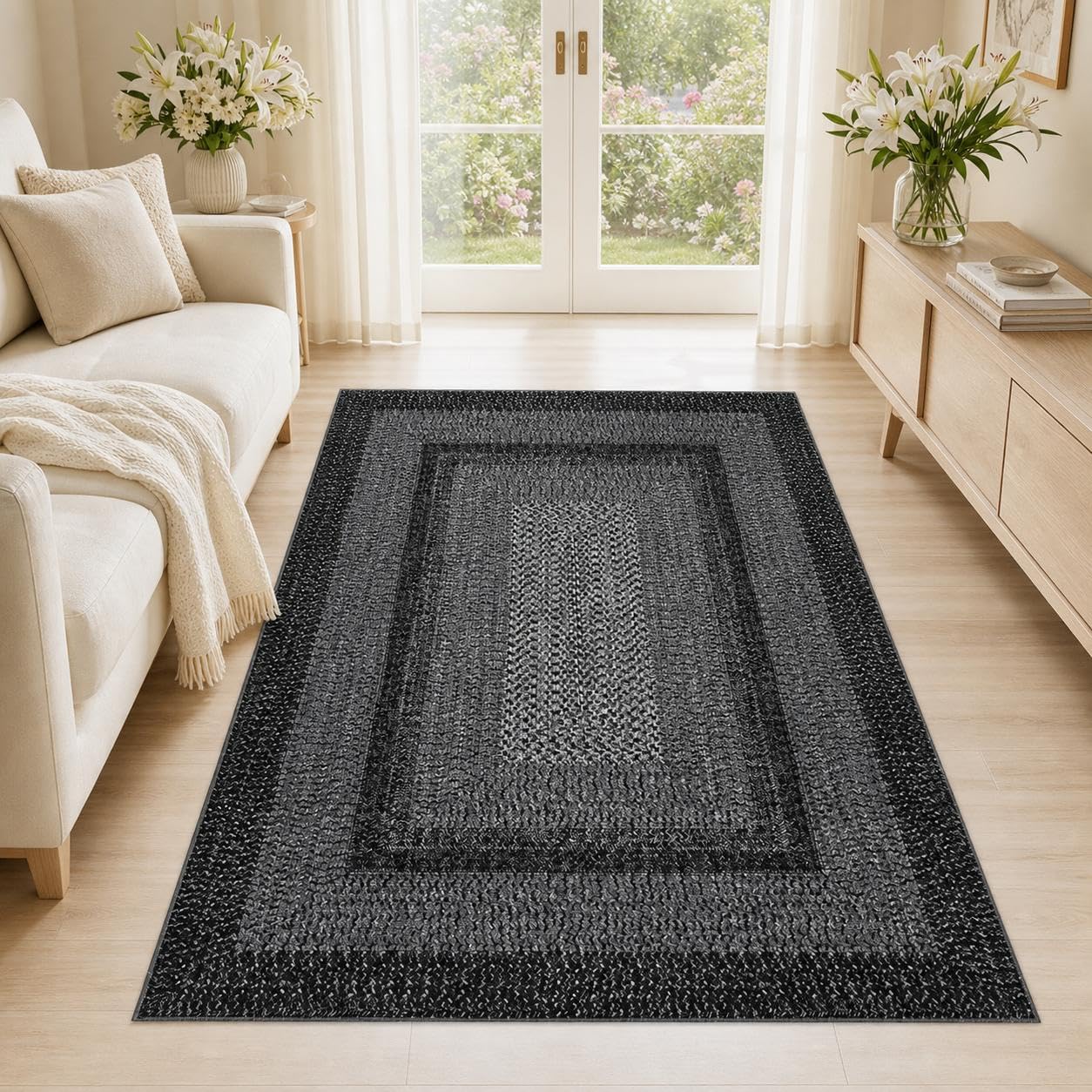 Garvee 6 x 9 ft Black Jute Washable Braided Print Bordered Area Rug for ...