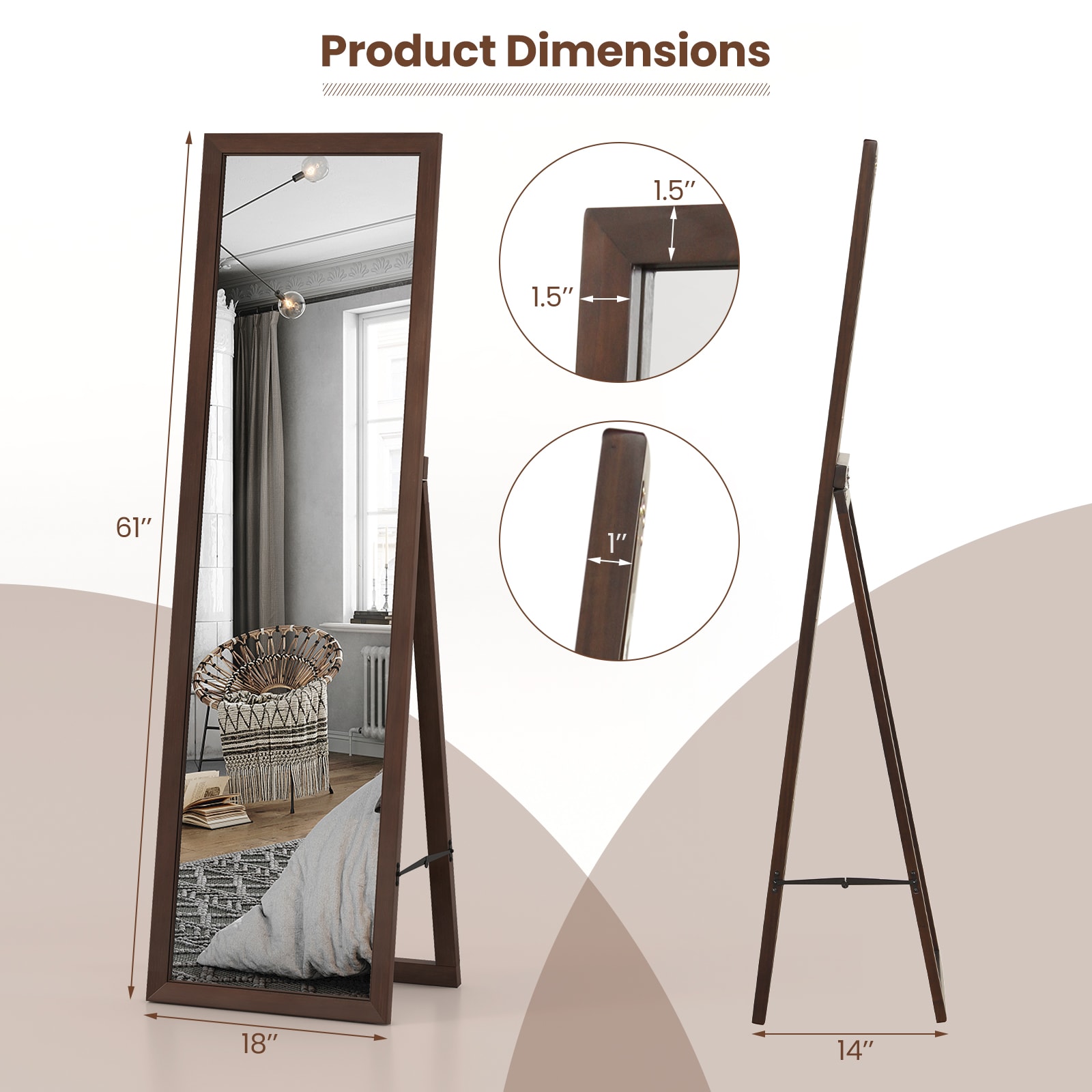 Slickblue Standing Dressing Mirror - 18W x 61H Rectangle Brown Beveled ...