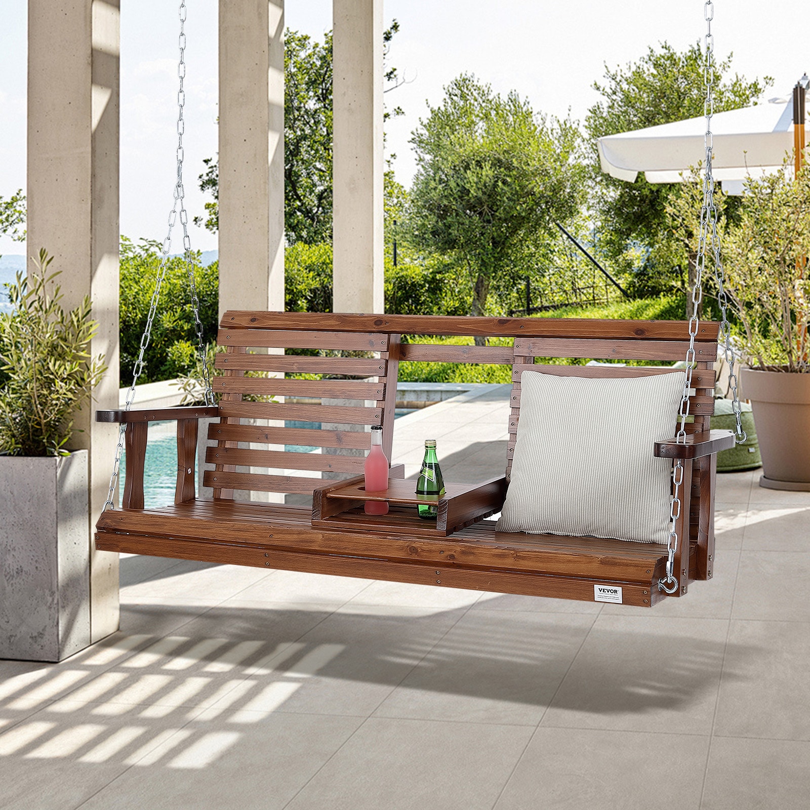 VEVOR 3 -person Brown Outdoor Swing in the Porch Swings & Gliders ...