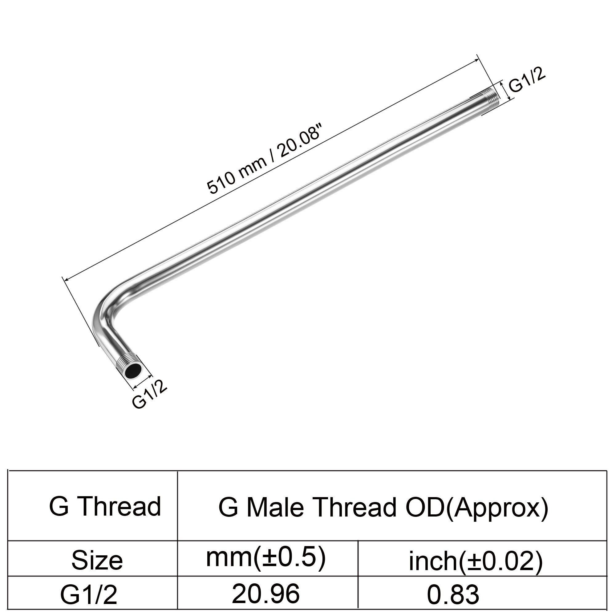 PATIKIL G1/2 Male Thread Shower Arm 1 Pack 20.08 Inch Length Stainless ...